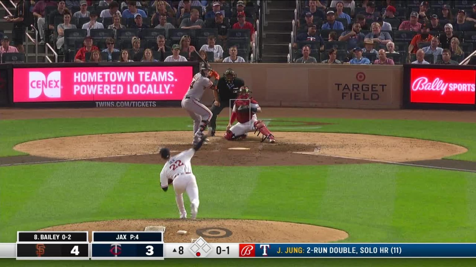 Patrick Bailey singles on a sharp line drive to second baseman Edouard ...