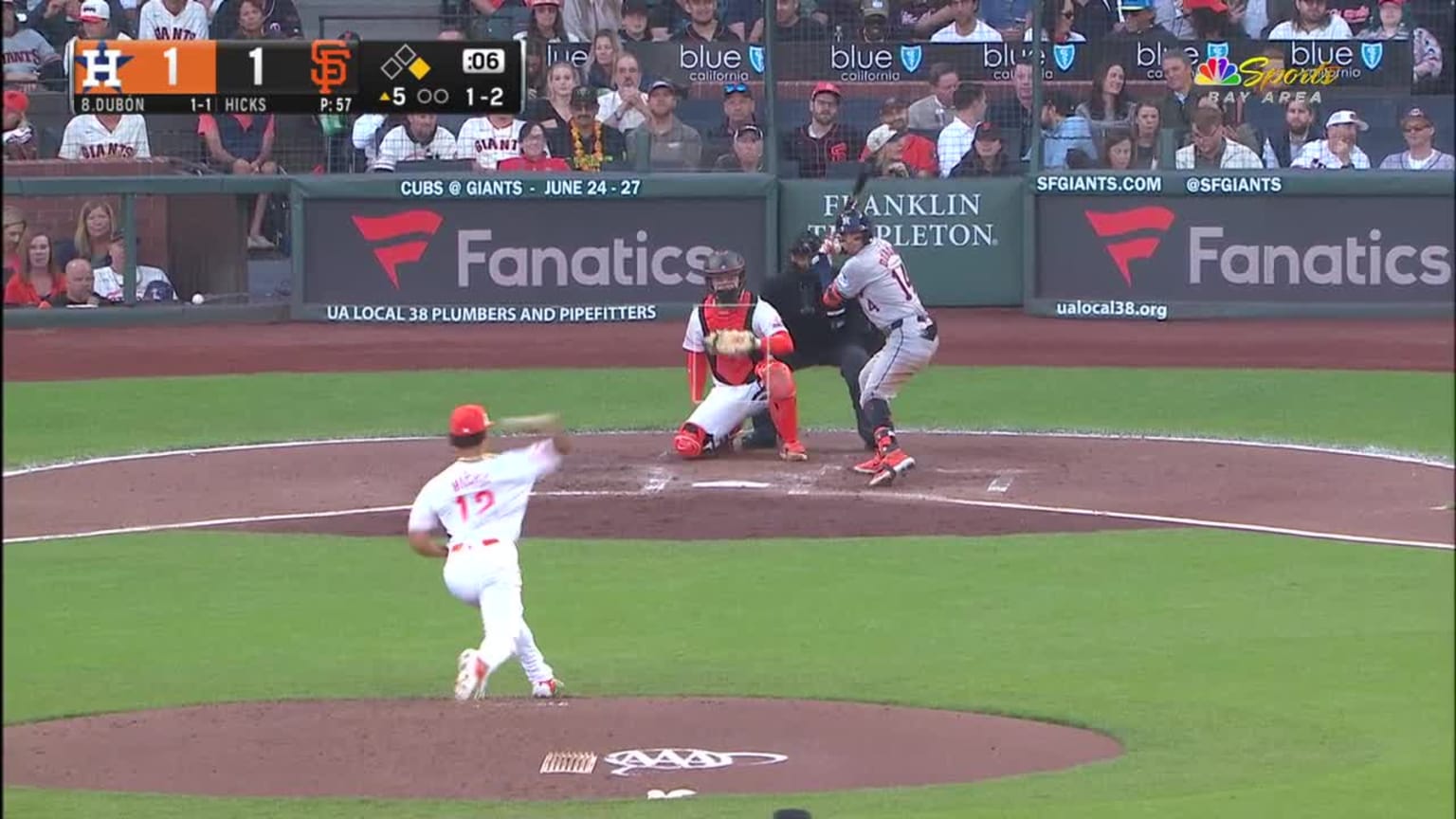 Mauricio Dubón doubles (10) on a sharp fly ball to center fielder Heliot Ramos. Trey Cabbage to ...