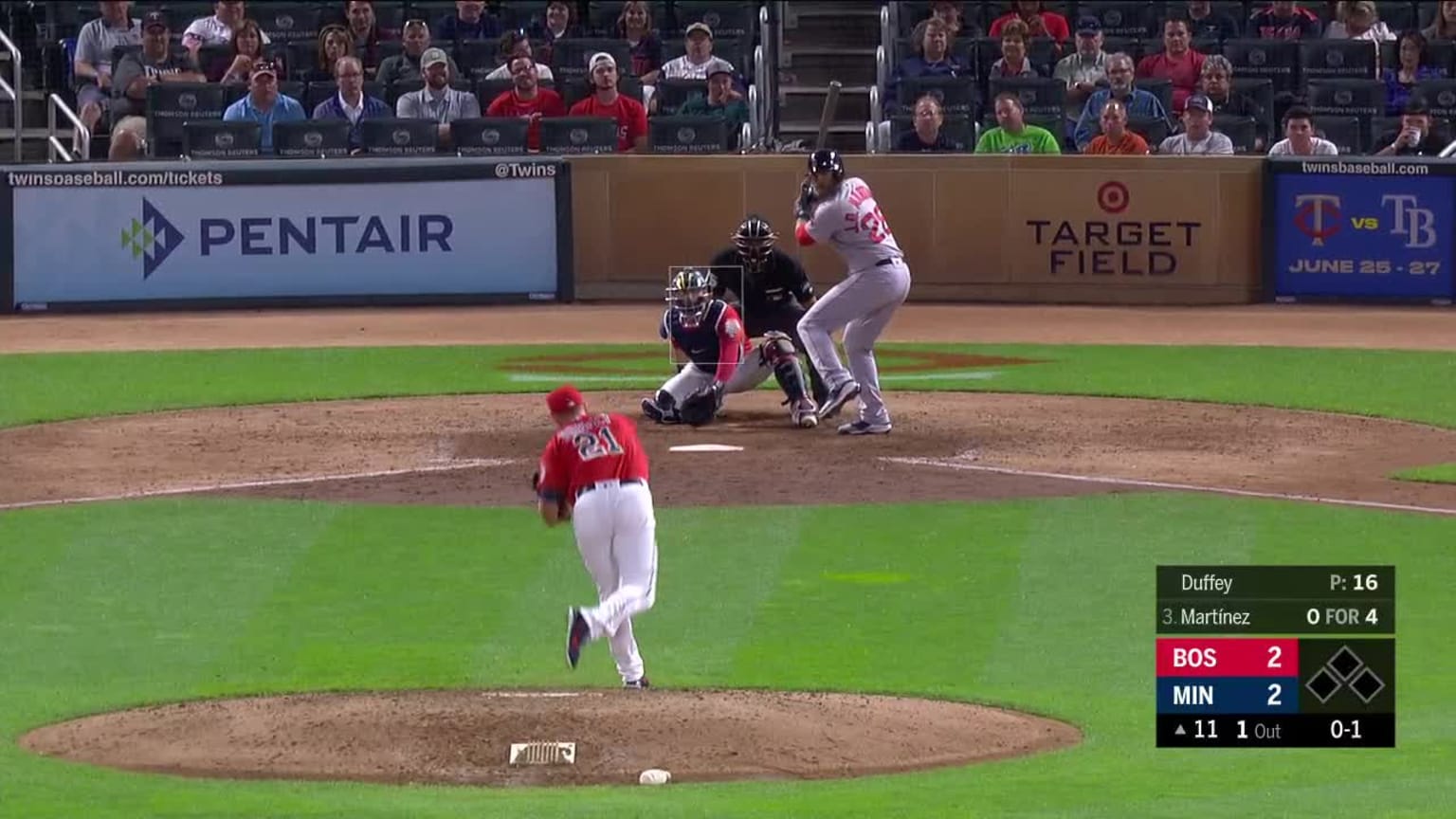 Tyler Duffey Ball to J.D. Martinez | 06/18/2019 | Boston Red Sox
