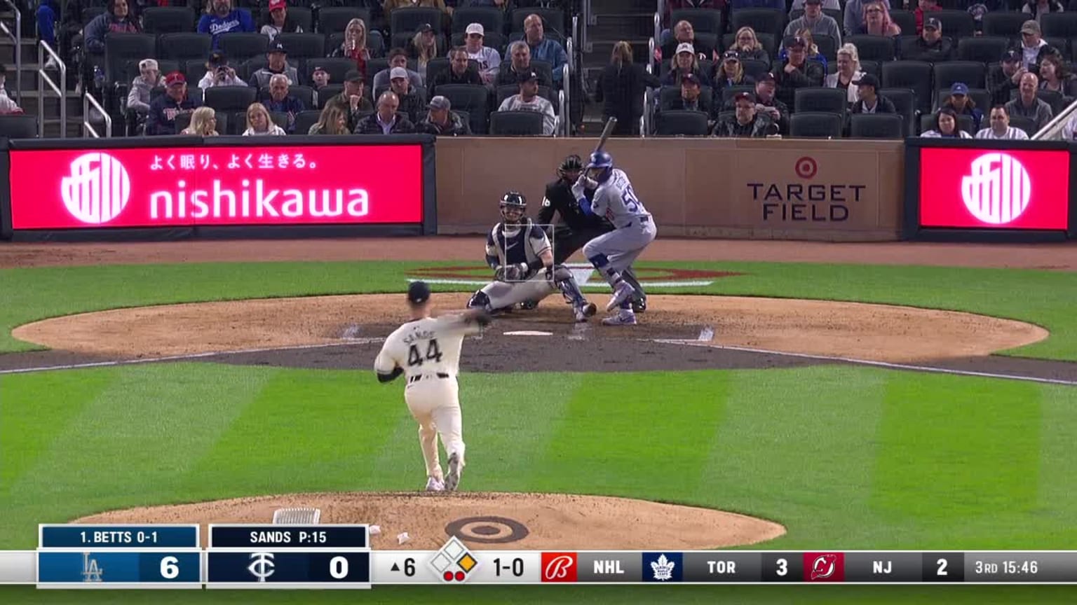 Mookie Betts singles on a line drive to left fielder Austin Martin. Gavin Lux to 2nd. | 04/09 ...