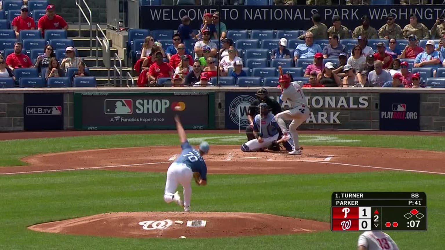 Trea Turner singles on a line drive to left fielder Daylen Lile. Rafael ...