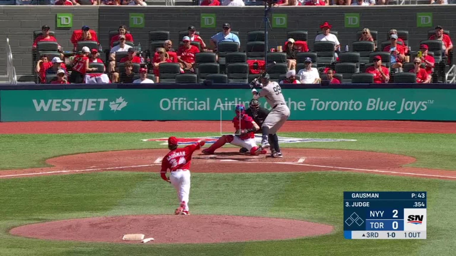 Aaron Judge doubles (20) on a line drive to right fielder George ...