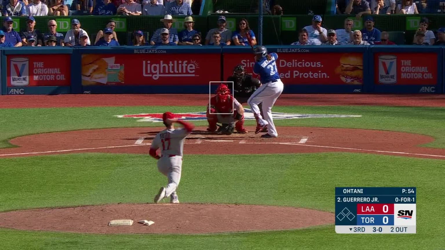 Vladimir Guerrero Jr. doubles (28) on a sharp line drive to center fielder Mike Trout. | 08/27 ...