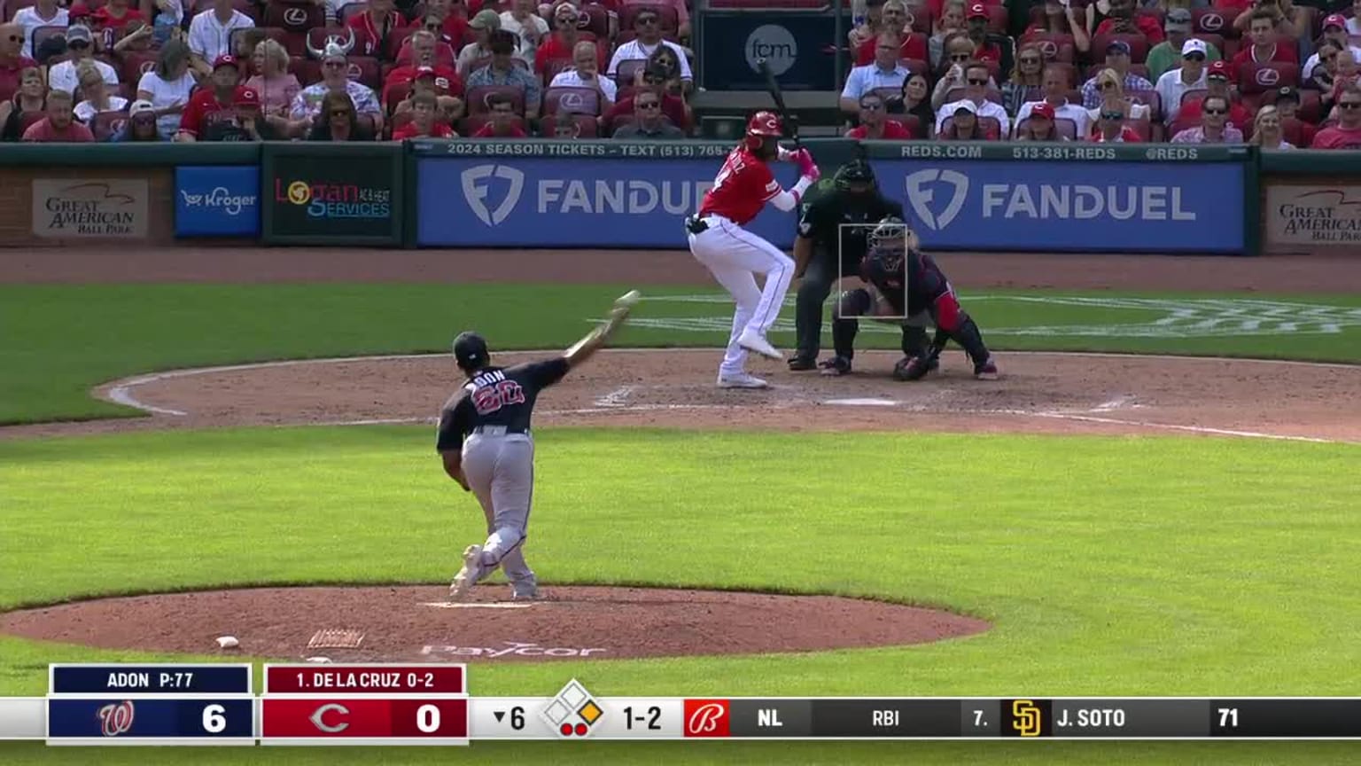 Elly De La Cruz singles on a line drive to shortstop CJ Abrams ...