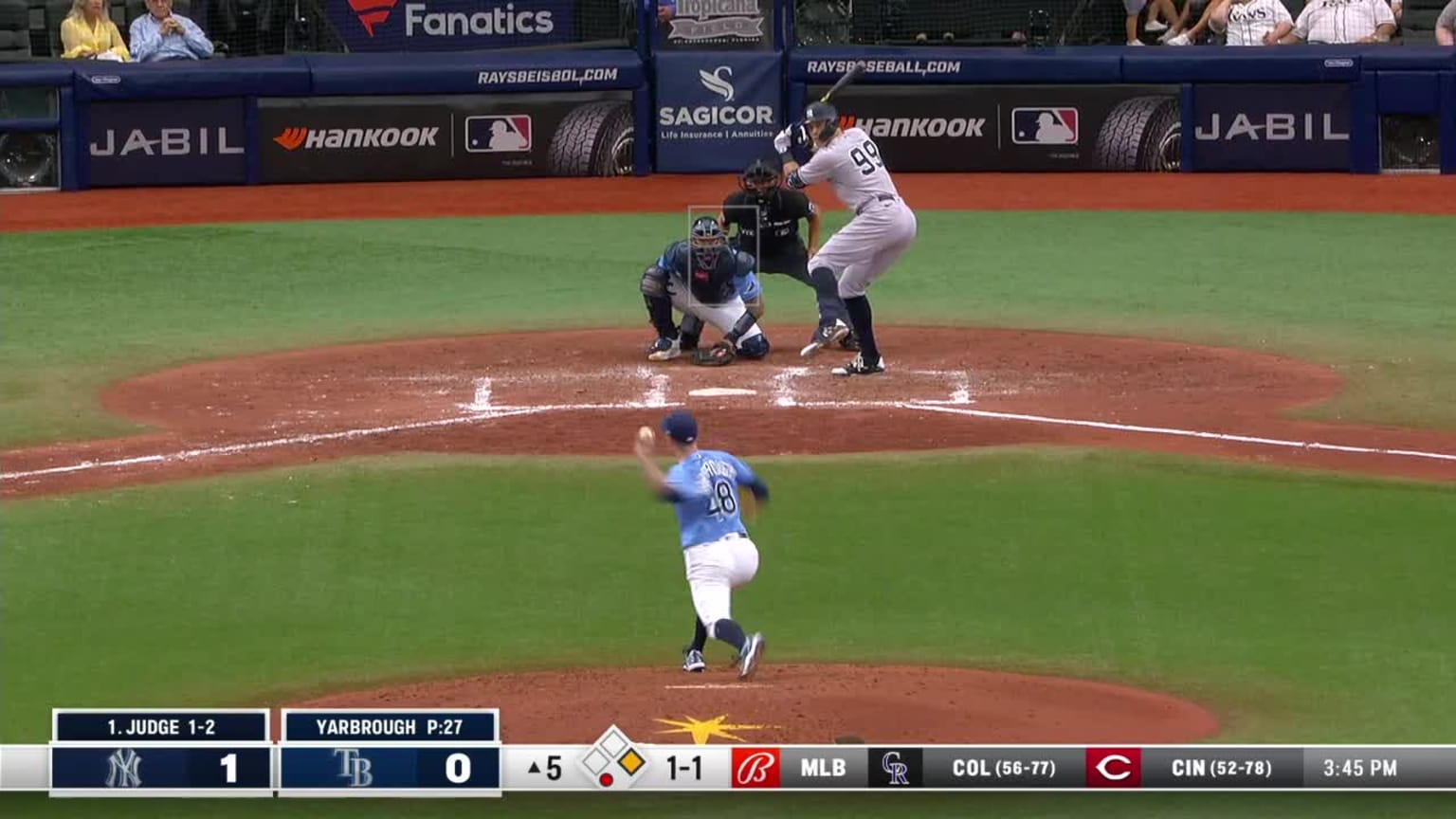 Aaron Judge singles on a sharp ground ball to left fielder Randy ...
