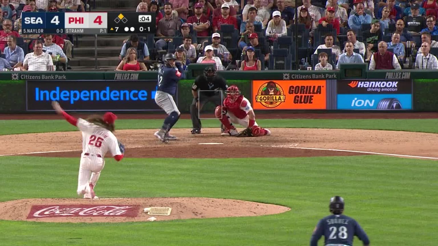 Josh Naylor flies out to second baseman Bryson Stott. | 08/19/2025 ...