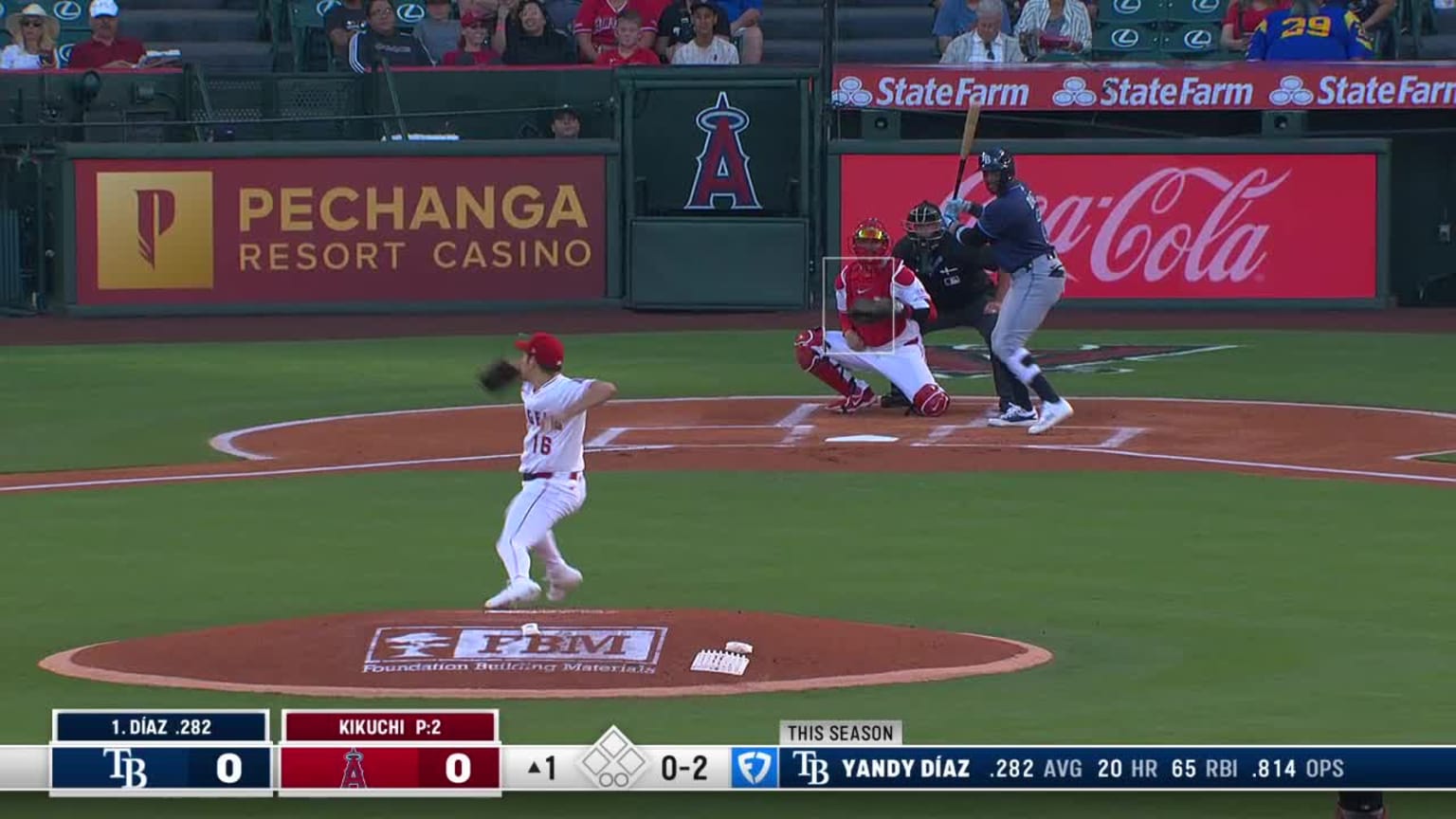 Yandy Díaz doubles (20) on a line drive to right fielder Jo Adell. | 08 ...