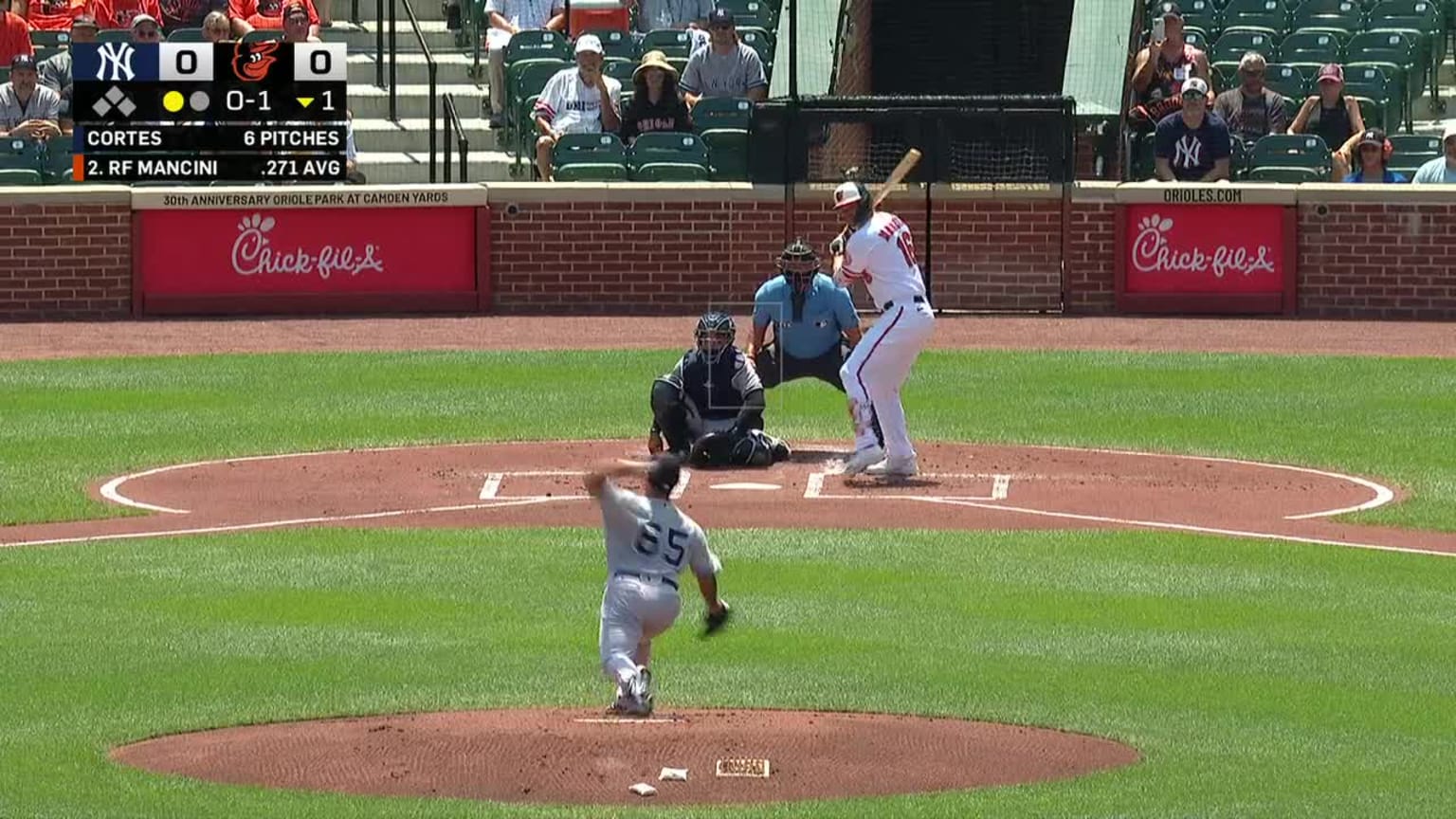 Trey Mancini lines out to center fielder Aaron Hicks. | 07/24/2022 ...
