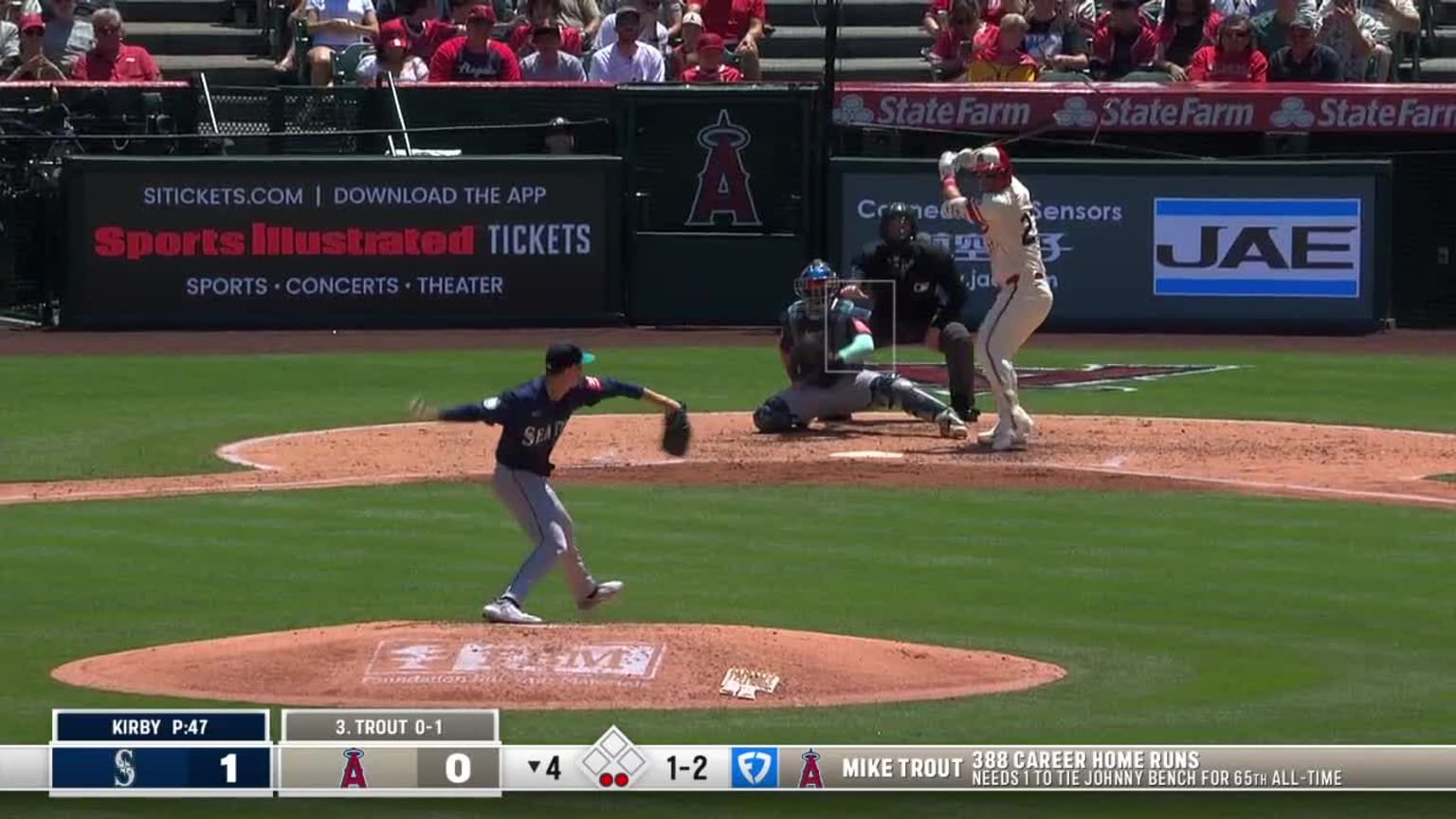 Mike Trout singles on a sharp line drive to right fielder Dylan Moore ...