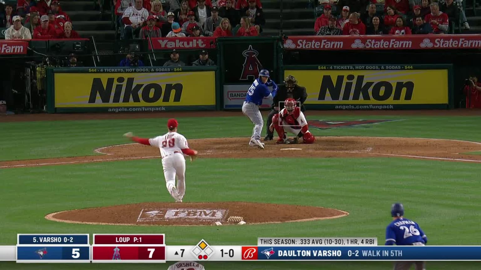 Daulton Varsho flies out to left fielder Taylor Ward. | 04/08/2023 ...