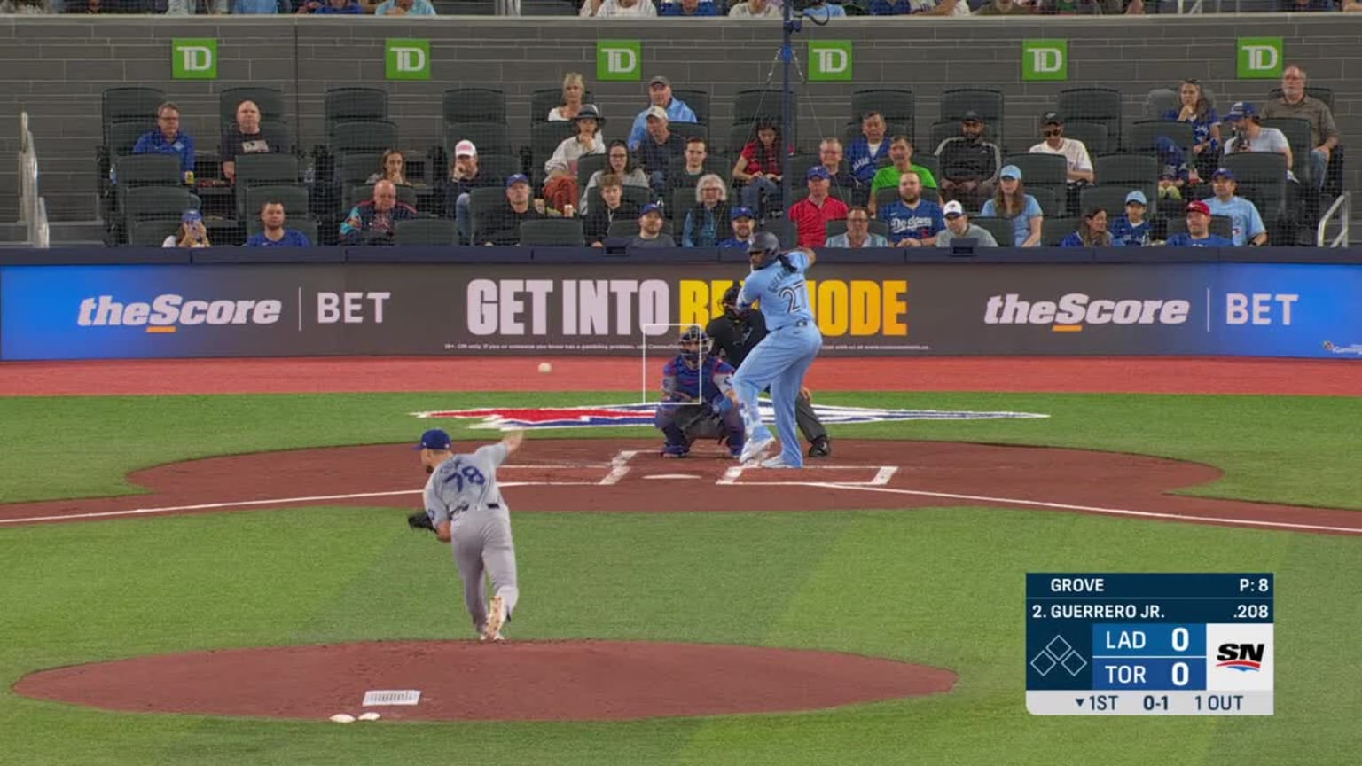 Vladimir Guerrero Jr. singles on a sharp line drive to center fielder James Outman. | 04/28/2024 ...