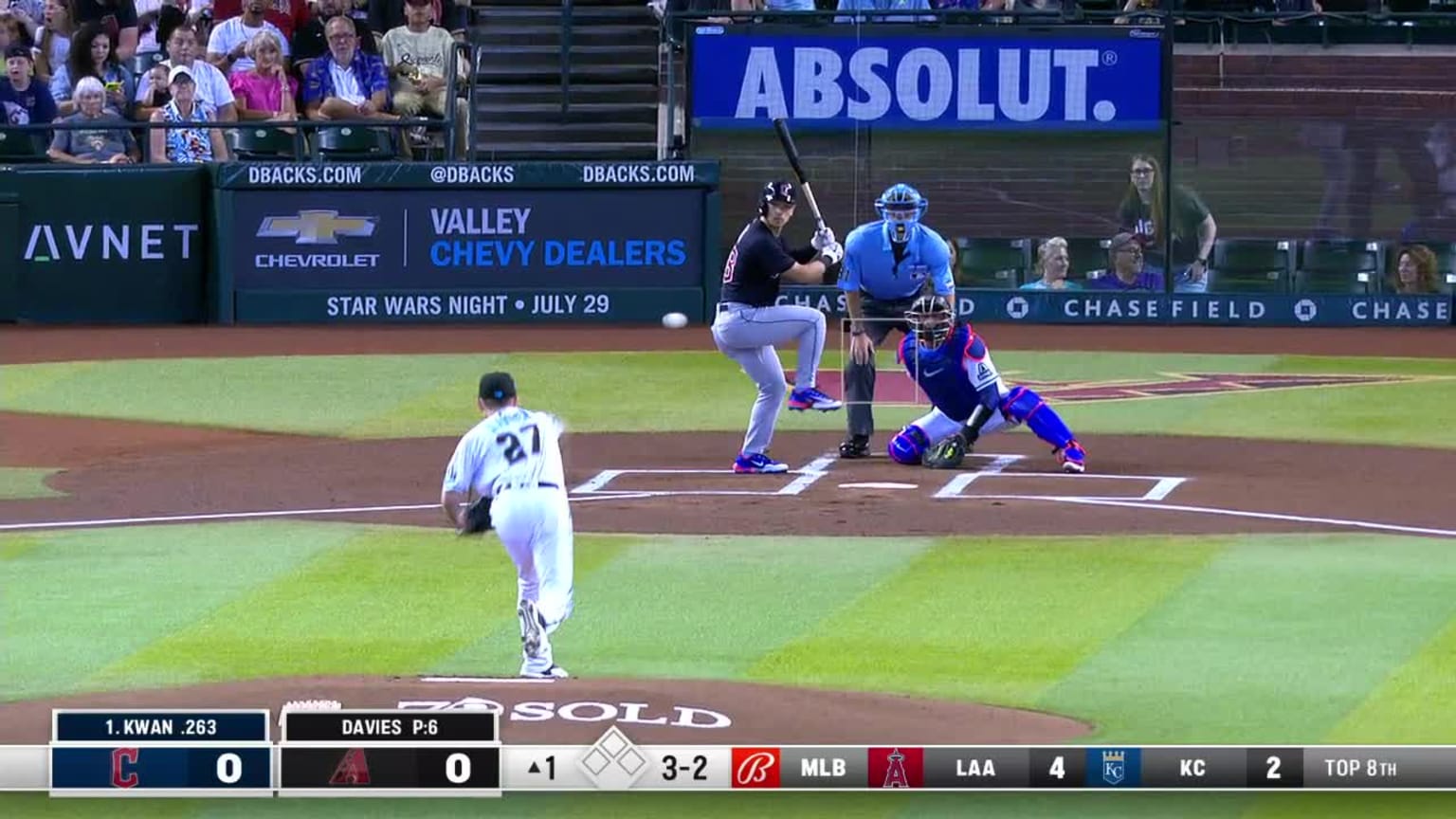 Steven Kwan reaches on a fielding error by shortstop Nick Ahmed. | 06 ...