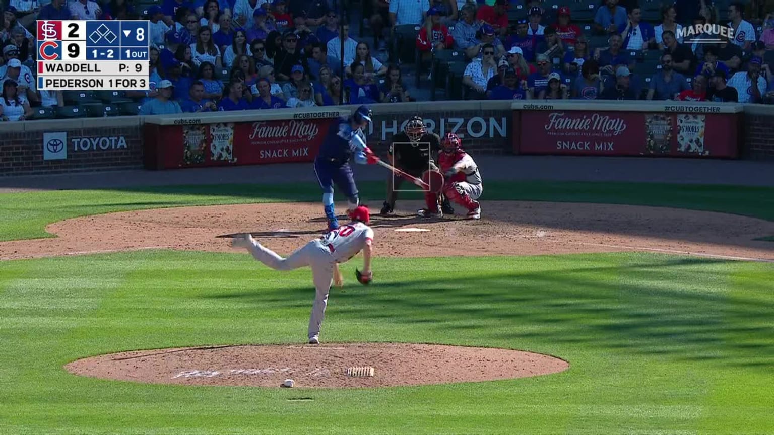 Joc Pederson doubles (11) on a line drive to right fielder Dylan ...