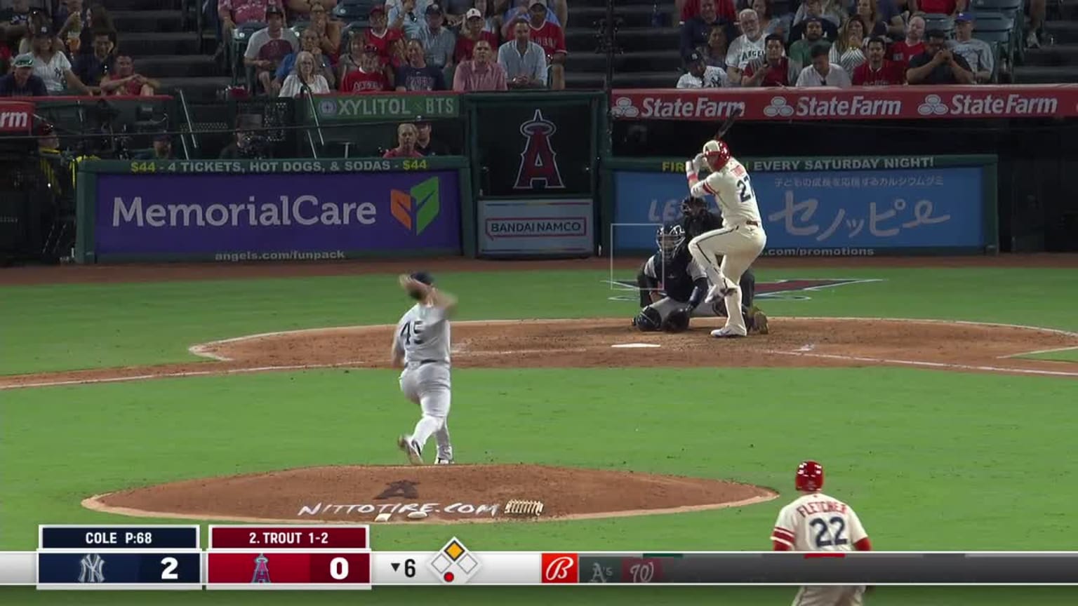 Mike Trout reaches on a fielding error by shortstop Isiah Kiner-Falefa ...