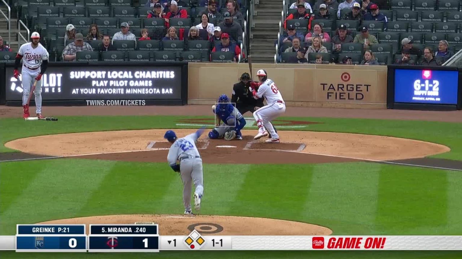 Jose Miranda grounds into a double play, pitcher Zack Greinke to second baseman Michael Massey ...