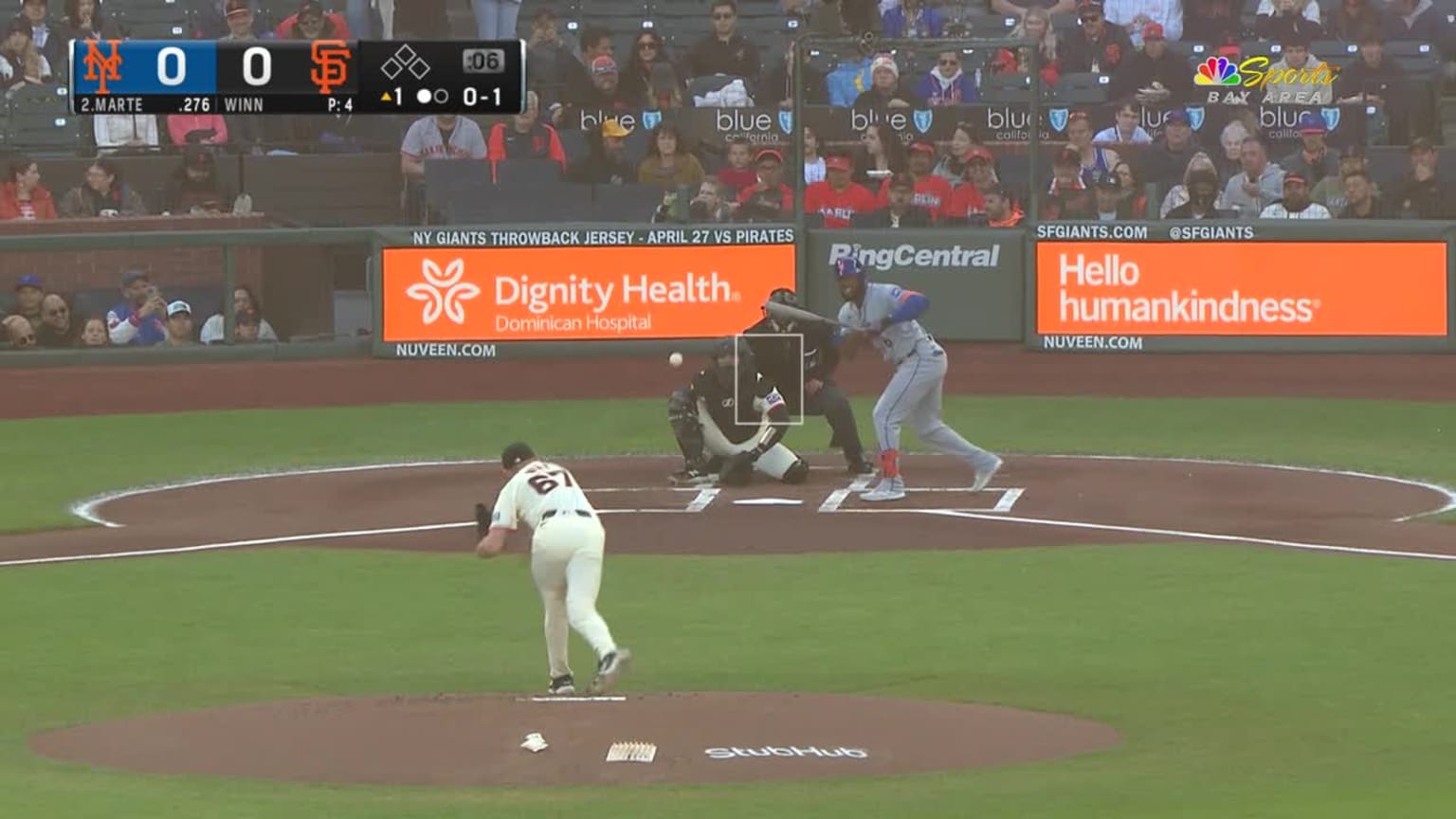 Starling Marte singles on a bunt ground ball to pitcher Keaton Winn ...