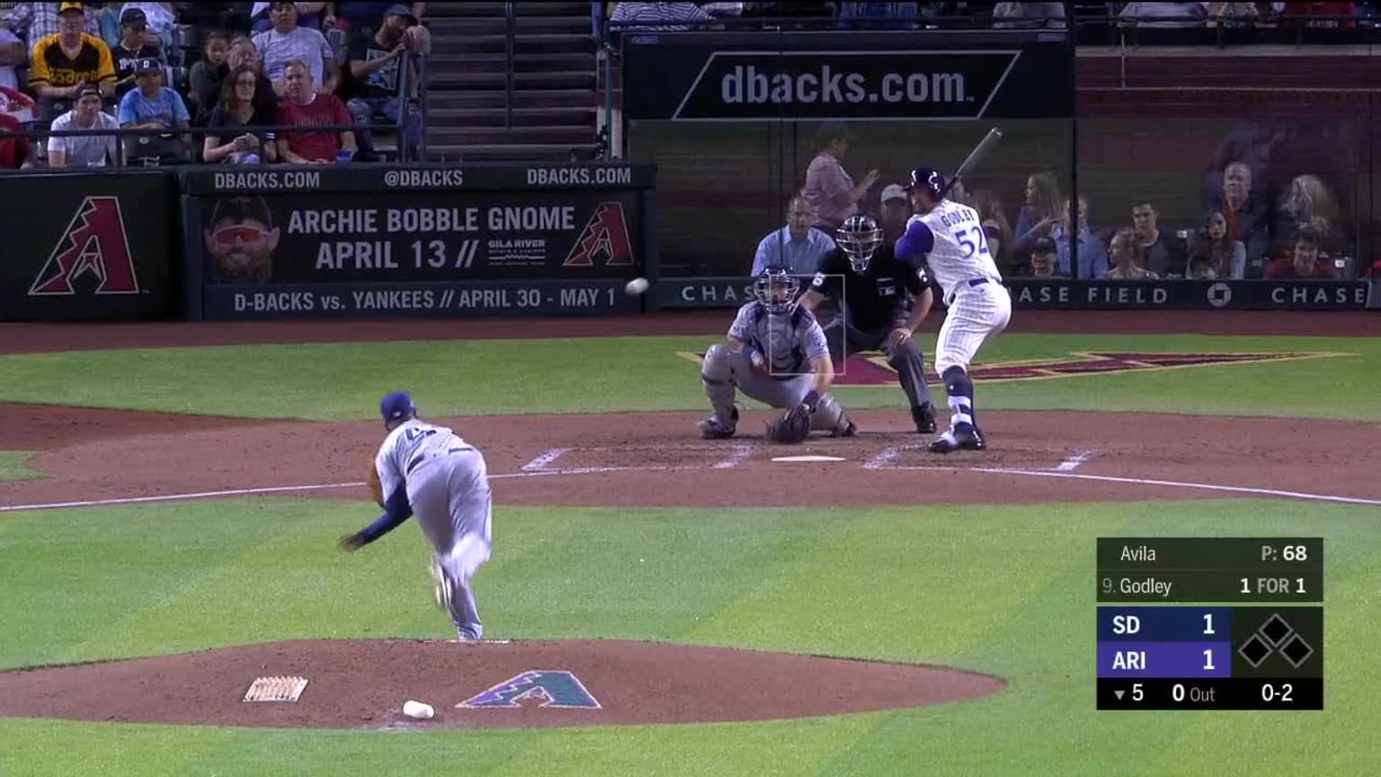 Zack Godley flies out to left fielder Hunter Renfroe. | 04/11/2019 ...