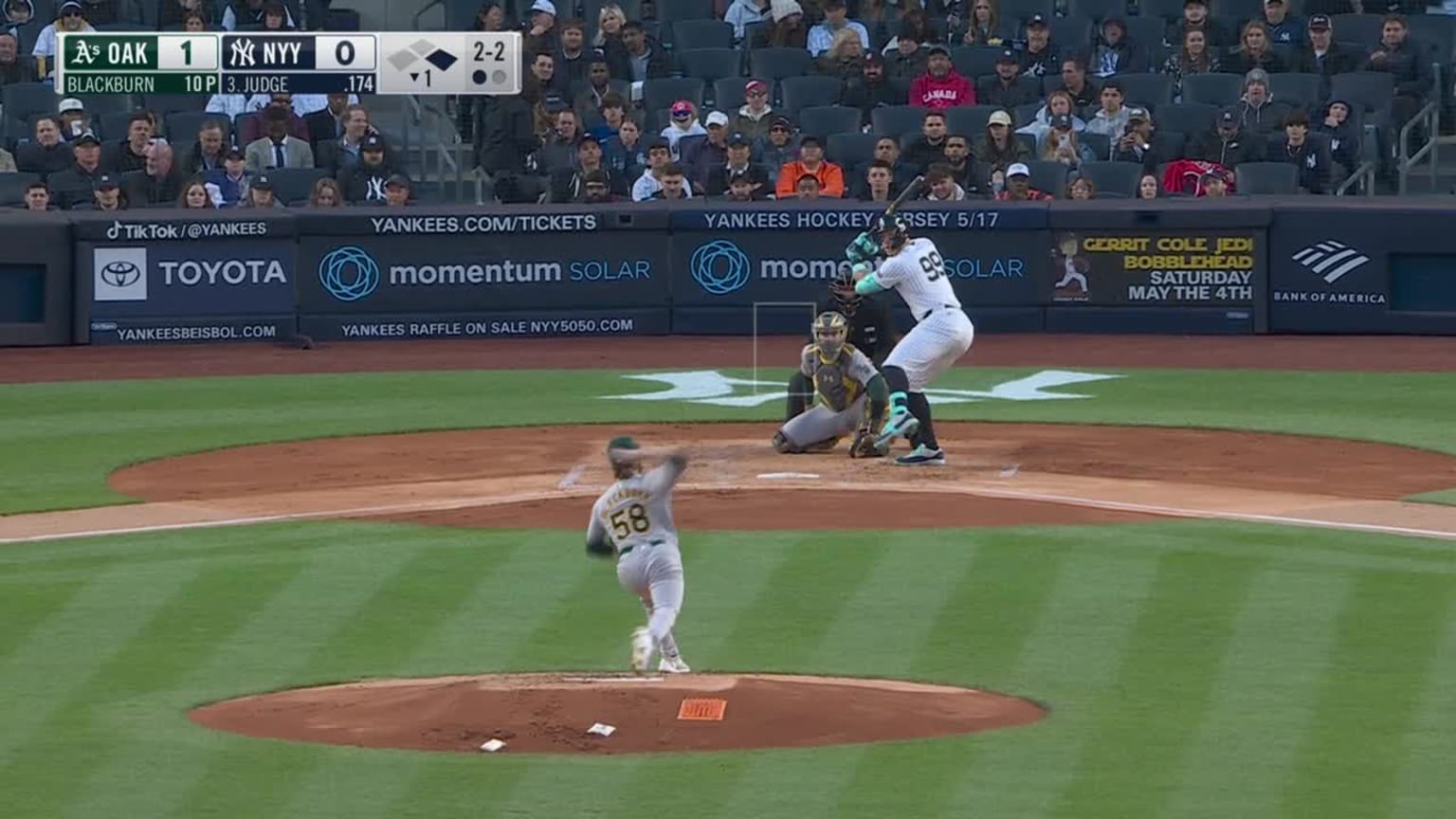 Aaron Judge doubles (6) on a ground ball to left fielder Seth Brown ...