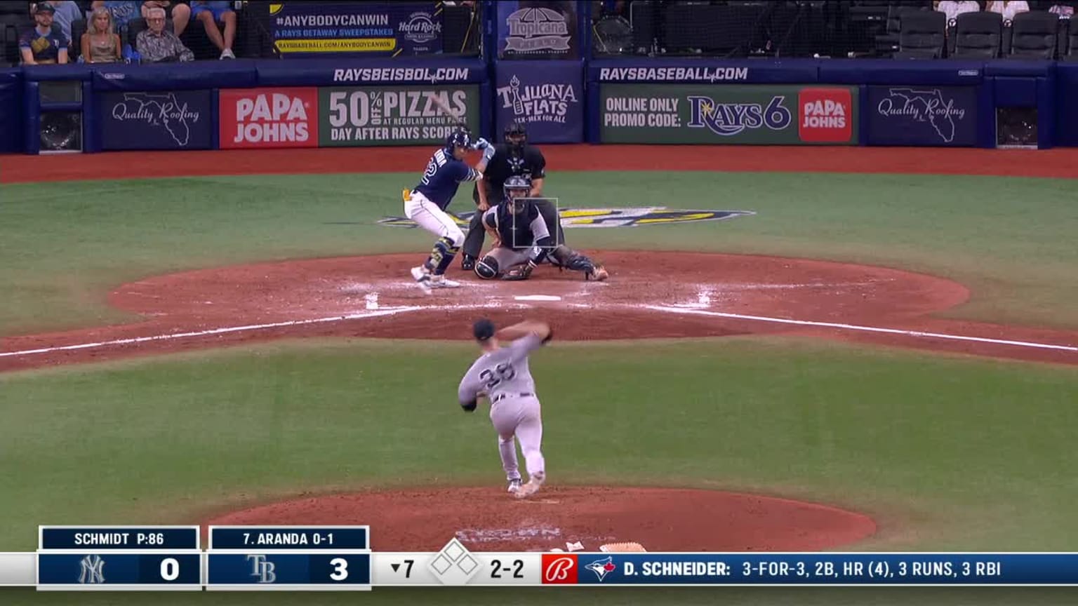 Jonathan Aranda singles on a line drive to center fielder Harrison ...