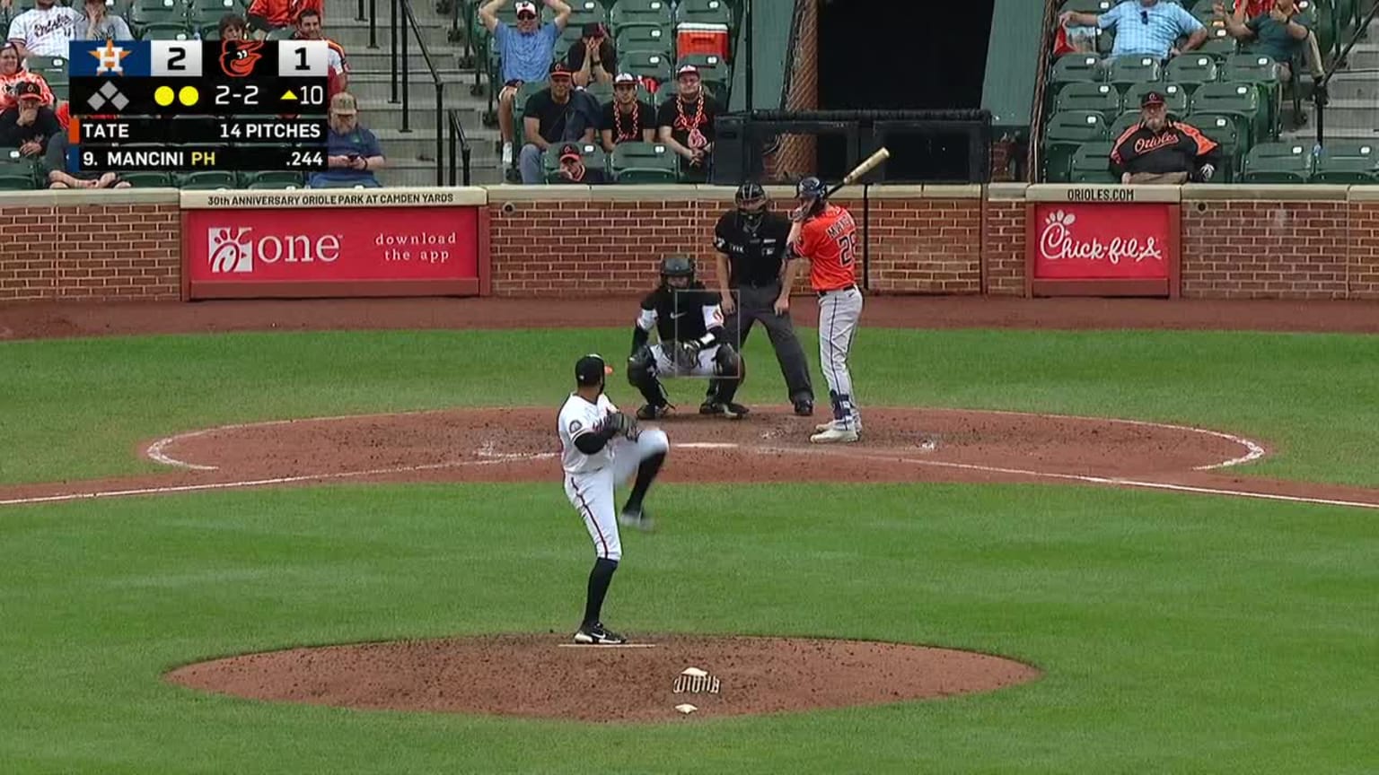 Trey Mancini doubles (22) on a sharp fly ball to left fielder Austin ...