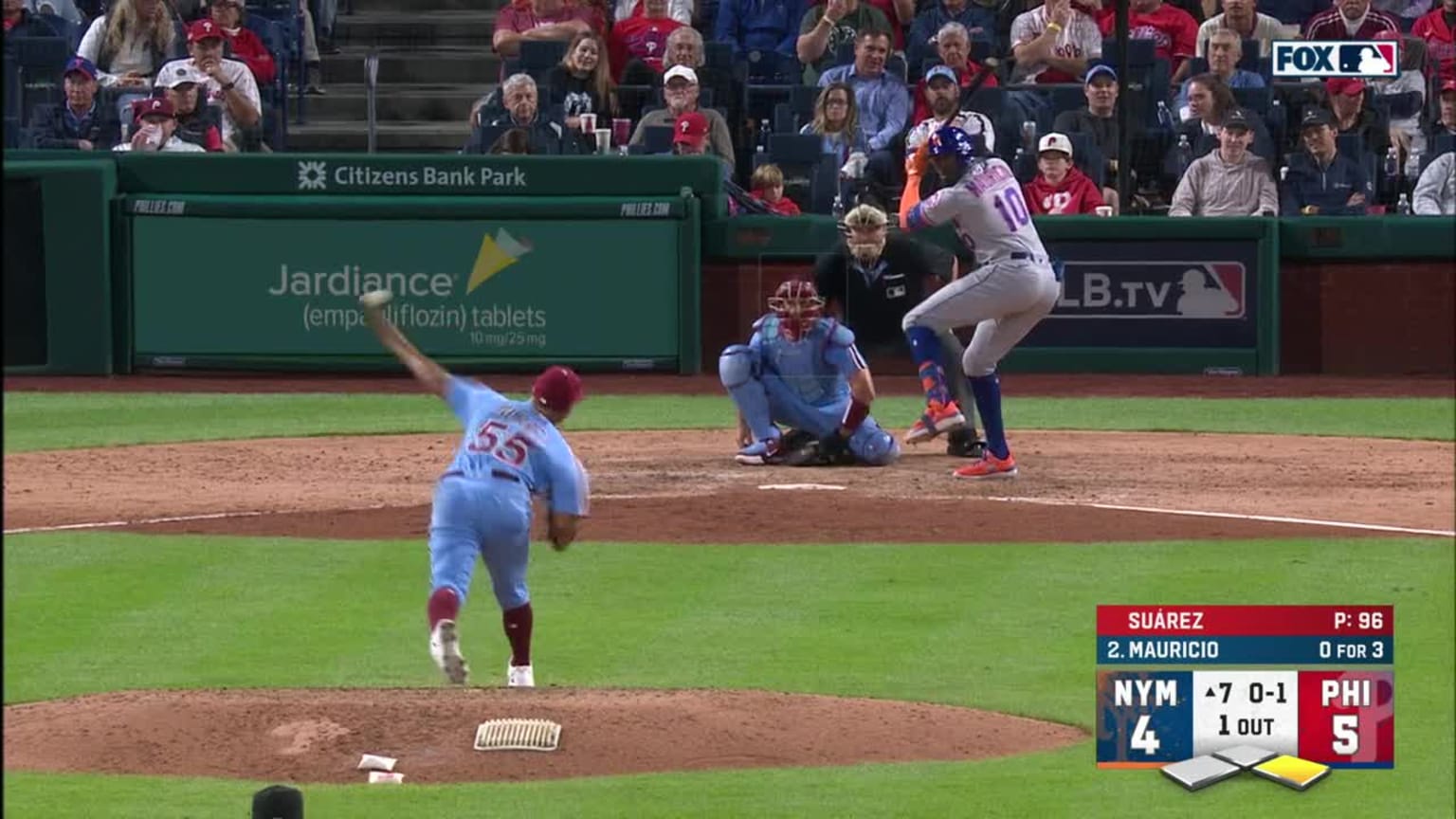 Ronny Mauricio grounds into a force out, second baseman Bryson Stott to shortstop Trea Turner ...