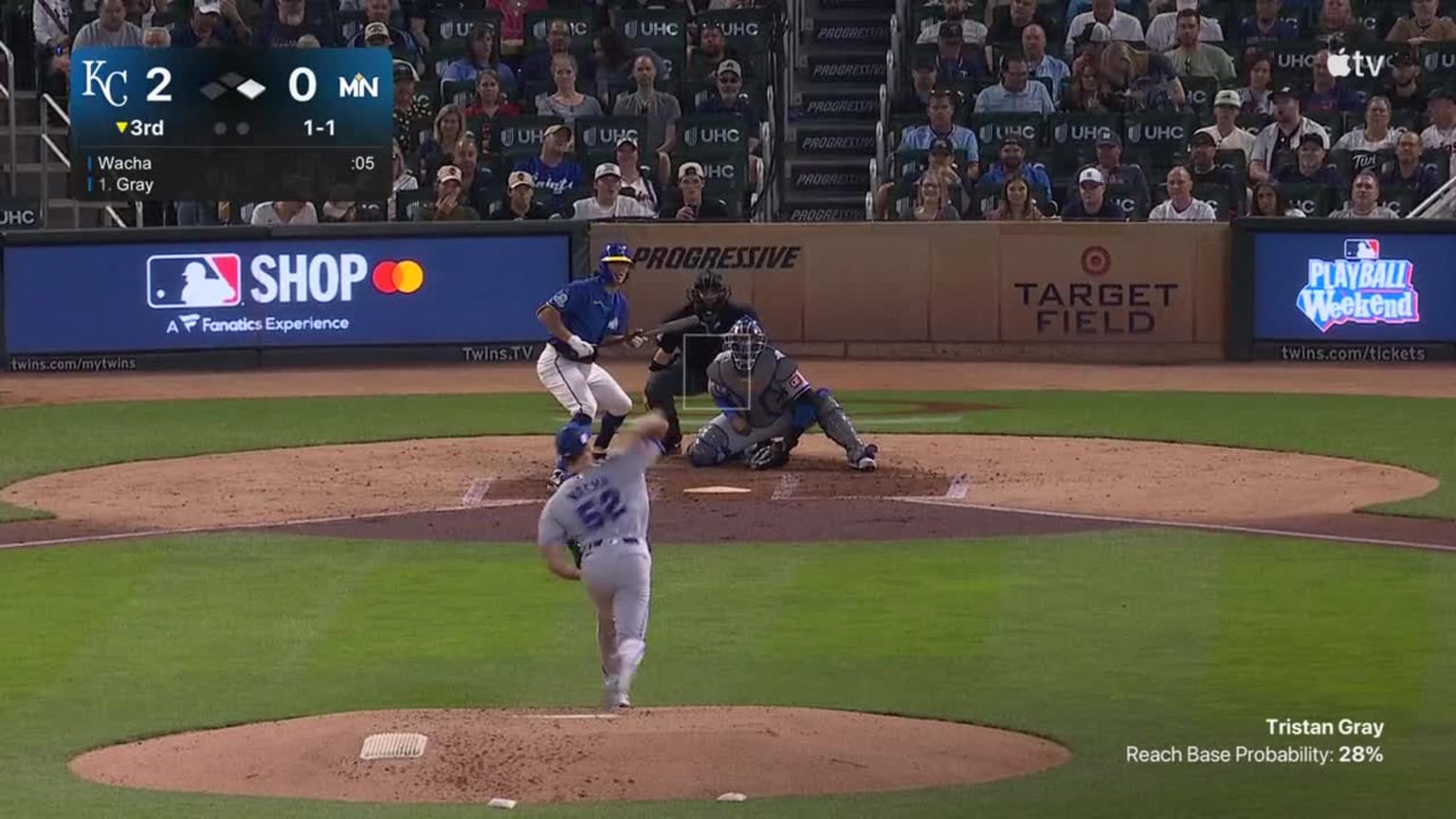 Tristan Gray singles on a bunt ground ball to pitcher Michael Wacha ...