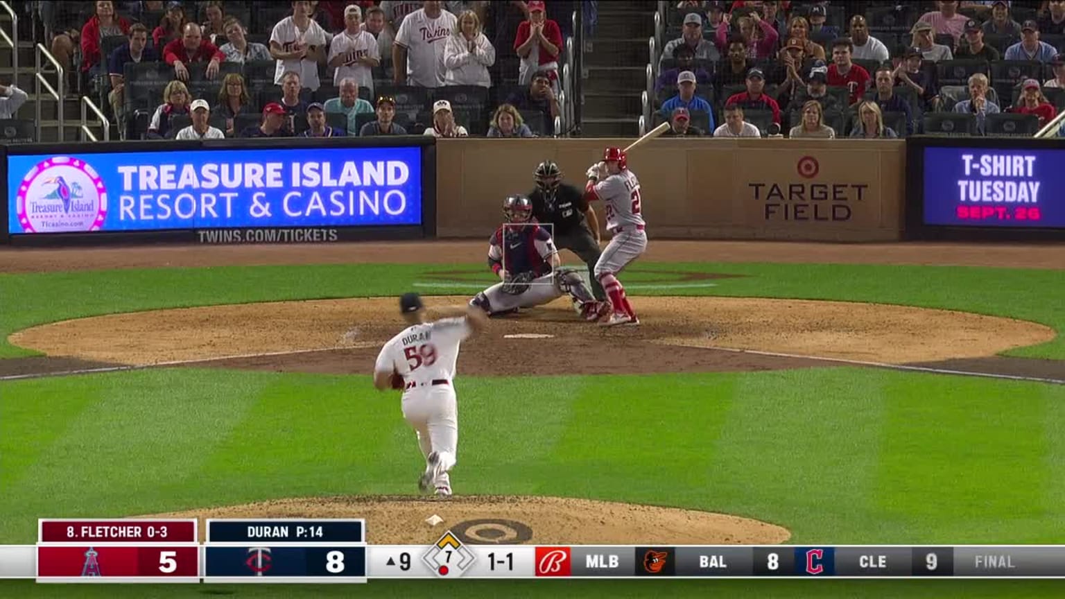 David Fletcher singles on a line drive to right fielder Max Kepler ...