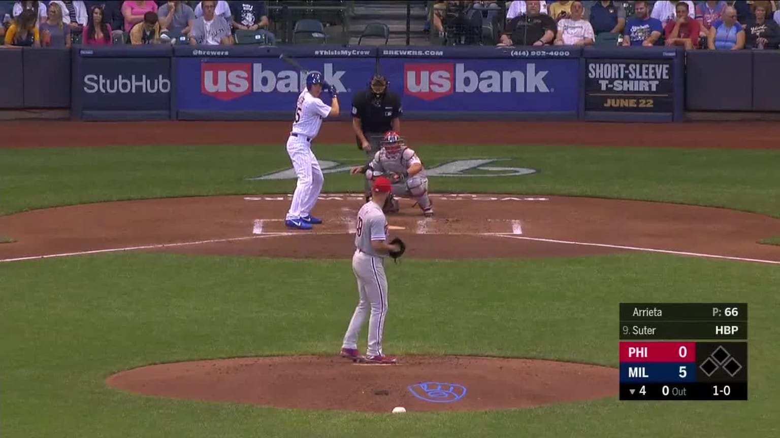 Brent Suter reaches on a fielding error by left fielder Rhys Hoskins ...
