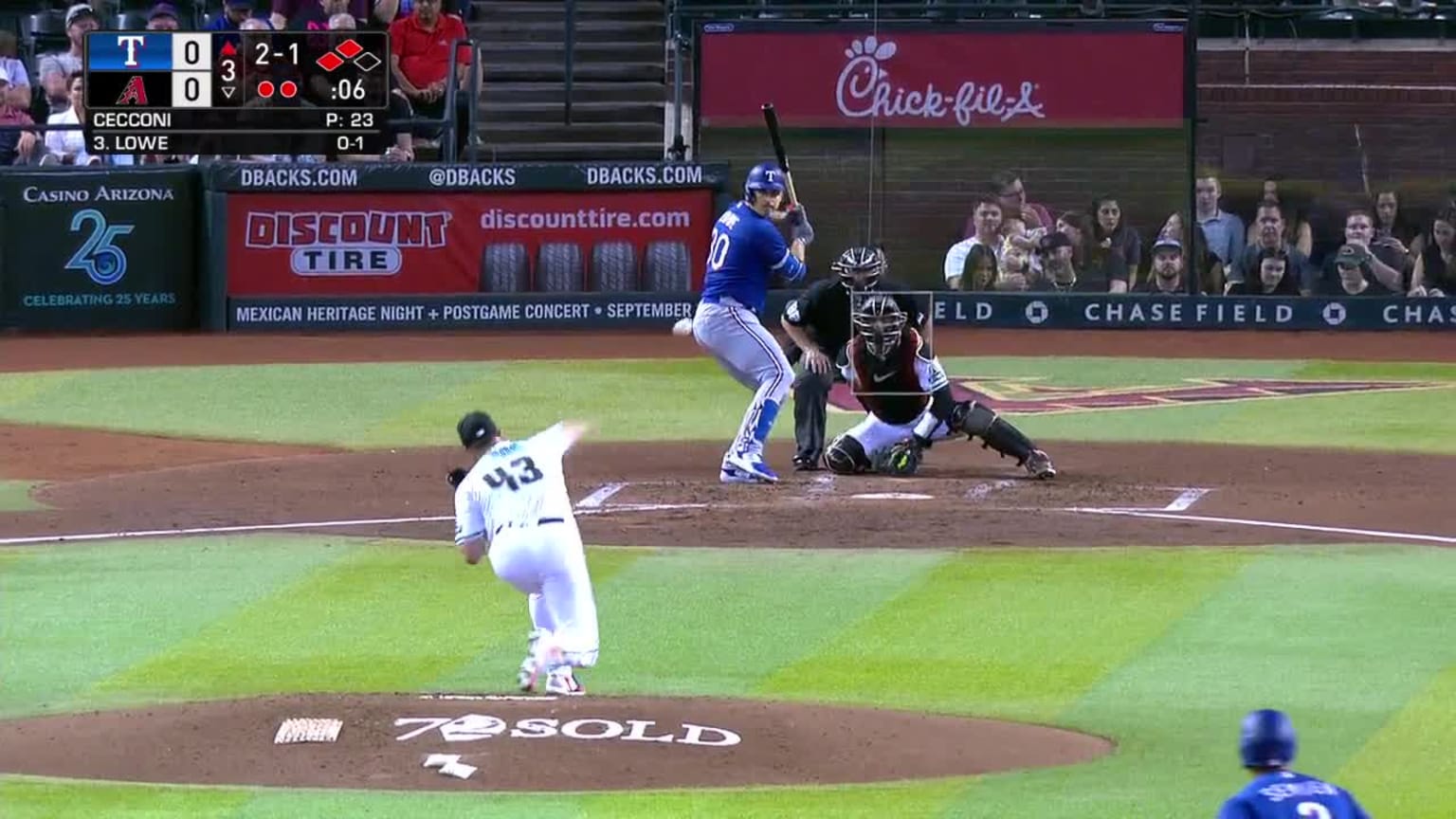 Nathaniel Lowe lines out to center fielder Alek Thomas. | 08/21/2023 ...