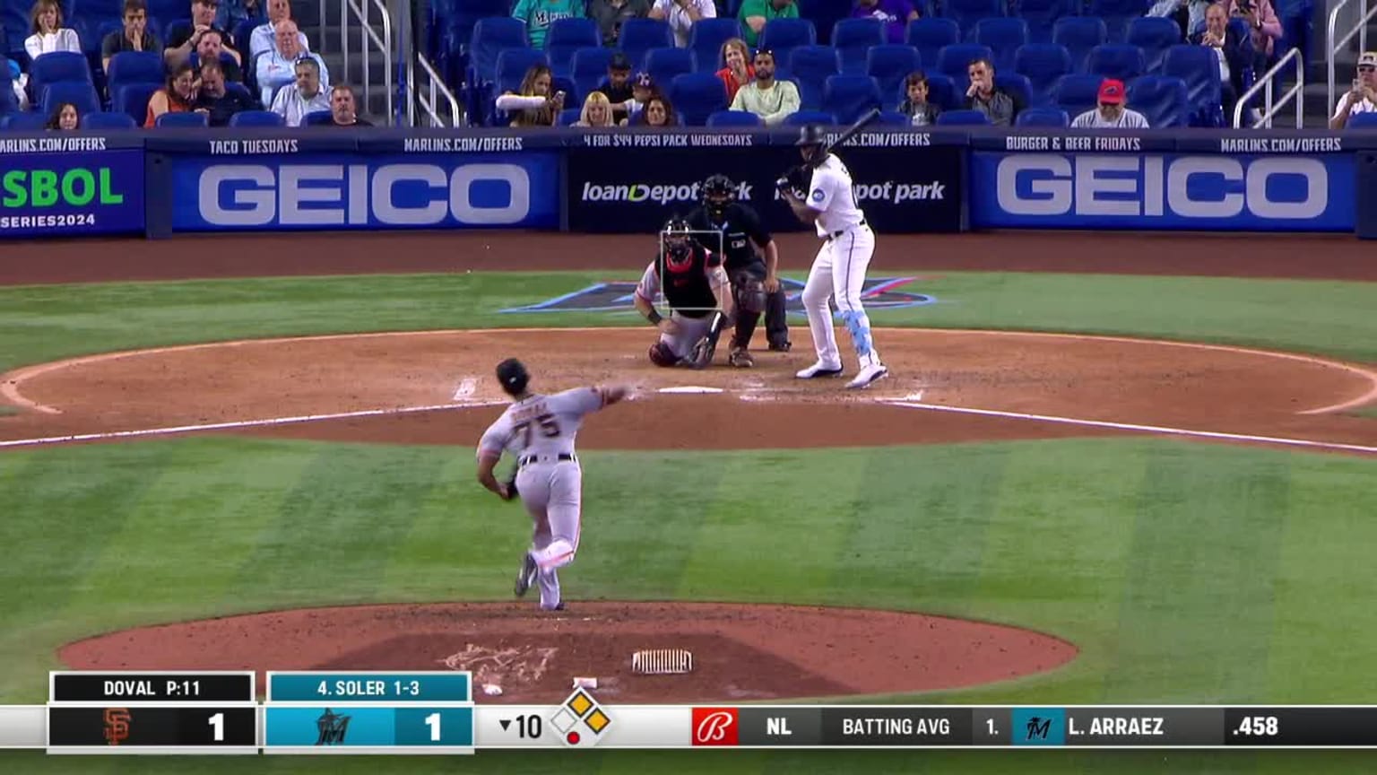 Camilo Doval Ball to Jorge Soler | 04/19/2023 | Miami Marlins