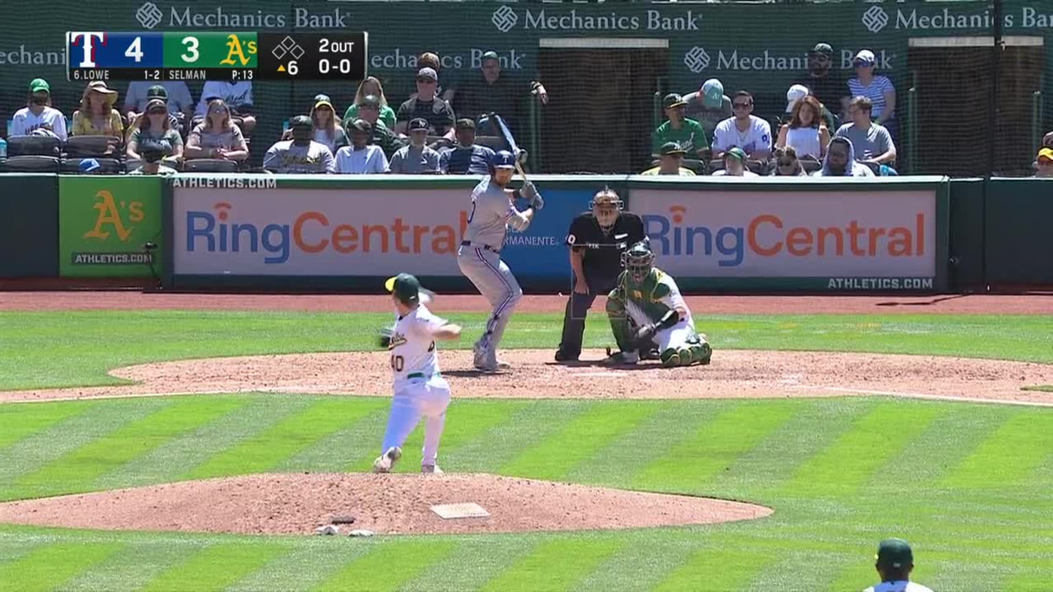 Nathaniel Lowe grounds out softly, pitcher Sam Selman to first baseman ...