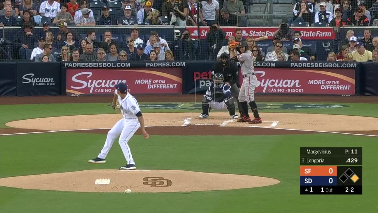 Evan Longoria flies out to center fielder Franchy Cordero. | 03/30/2019 ...