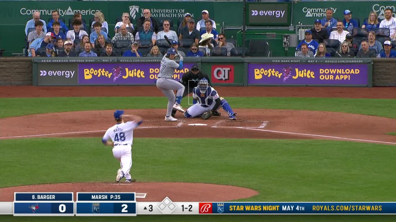 Addison Barger flies out sharply to center fielder Kyle Isbel. | 04/24 ...