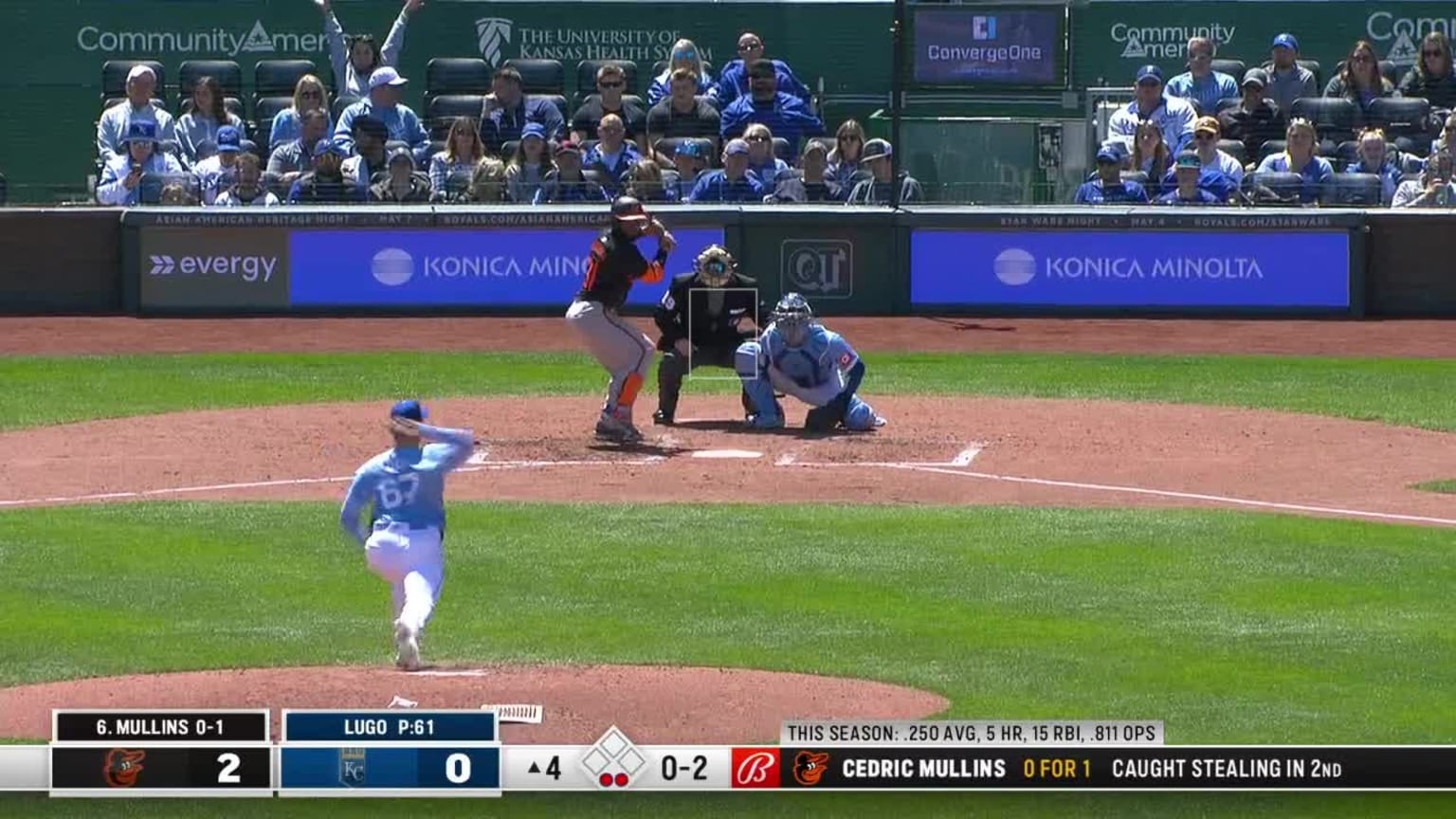 Cedric Mullins singles on a sharp line drive to center fielder Garrett ...