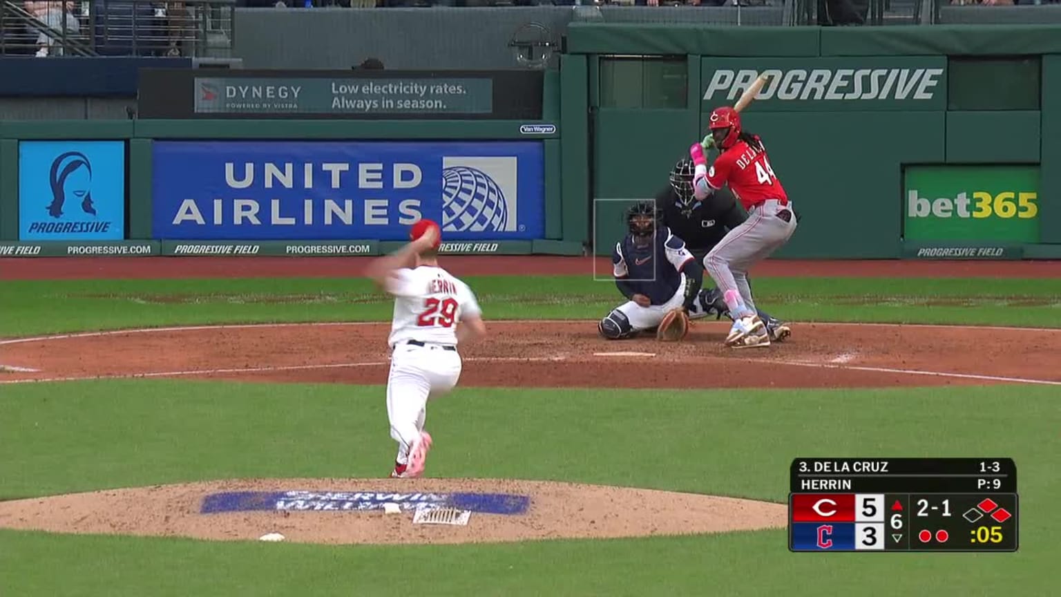 Elly De La Cruz grounds out, third baseman José Ramírez to first baseman Carlos Santana. | 06/09 ...