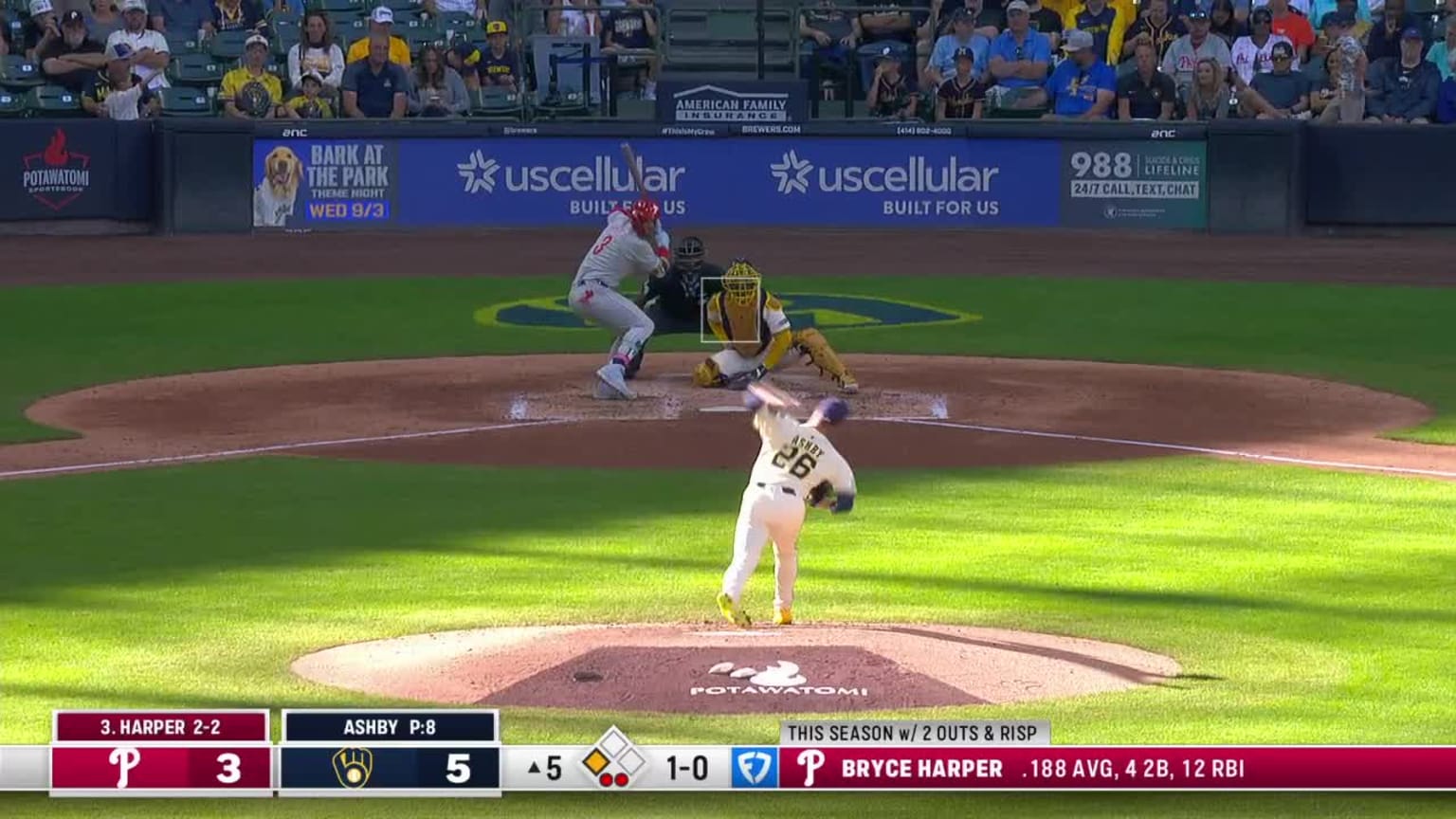 Bryce Harper grounds out, shortstop Joey Ortiz to first baseman Jake ...