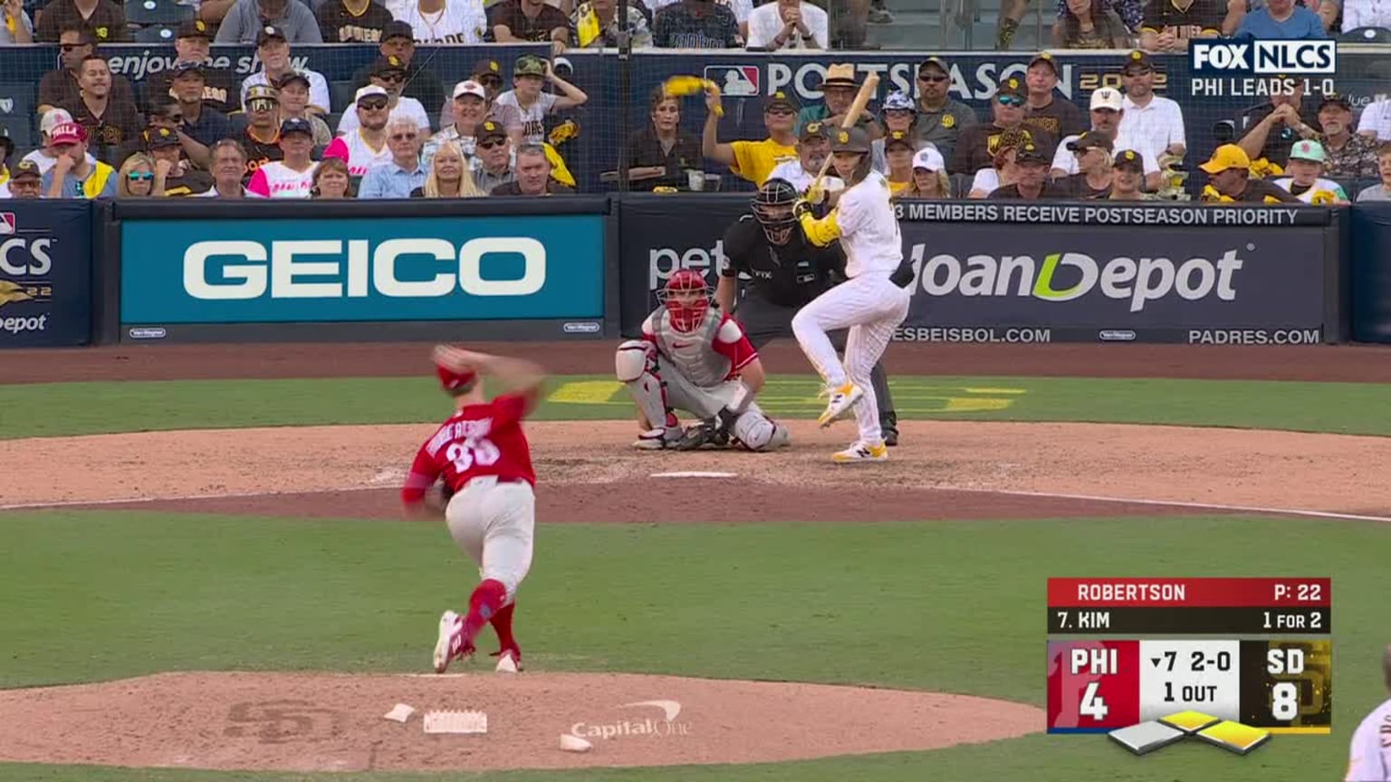 Ha-Seong Kim pops out to first baseman Rhys Hoskins on the infield fly ...