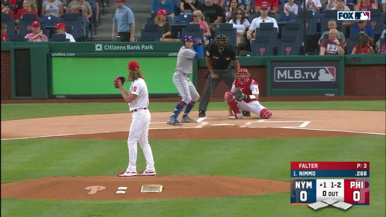 Brandon Nimmo grounds out, pitcher Bailey Falter to first baseman Rhys Hoskins. | 08/20/2022 ...