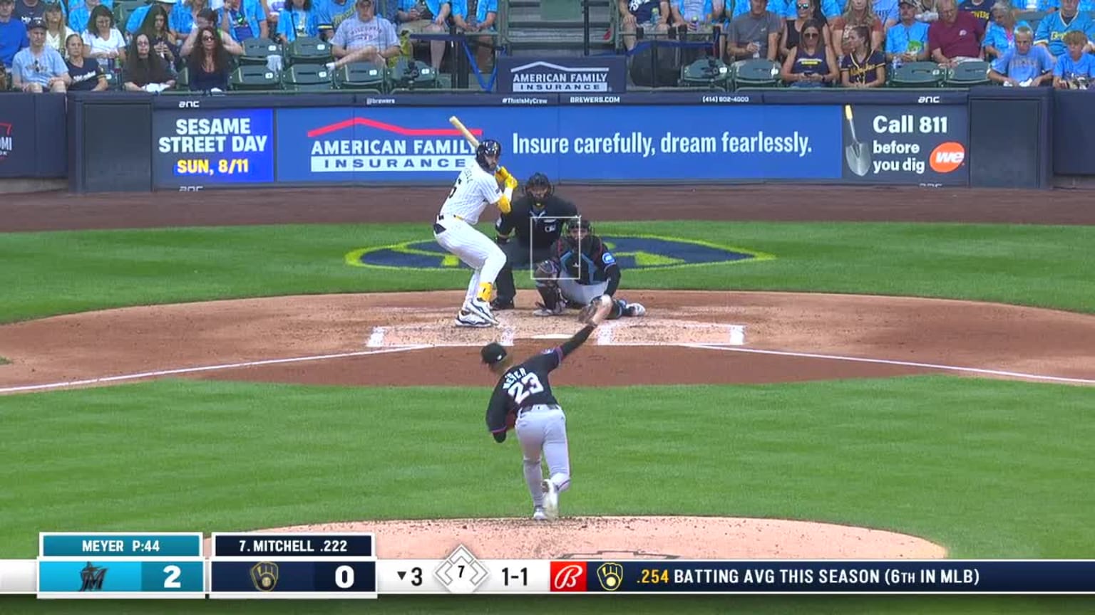 Garrett Mitchell singles on a sharp ground ball to second baseman Vidal ...