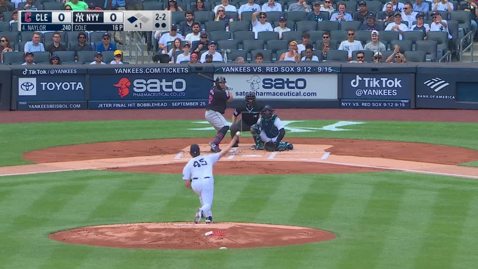 Josh Naylor grounds out, first baseman Ben Rice to pitcher Gerrit Cole ...