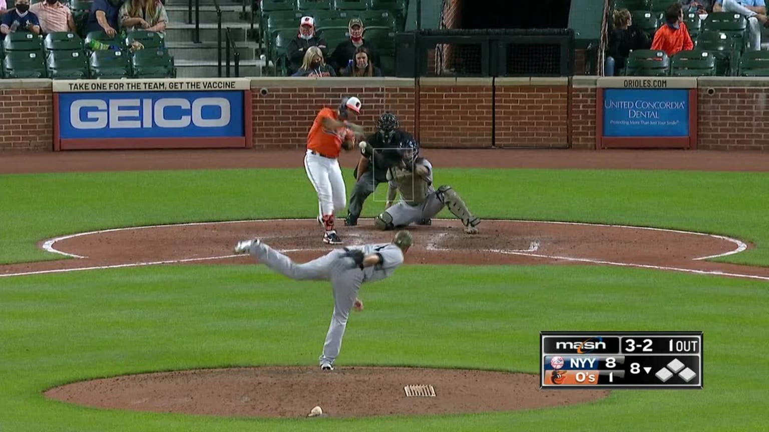 Chance Sisco pops out to first baseman Mike Ford in foul territory ...