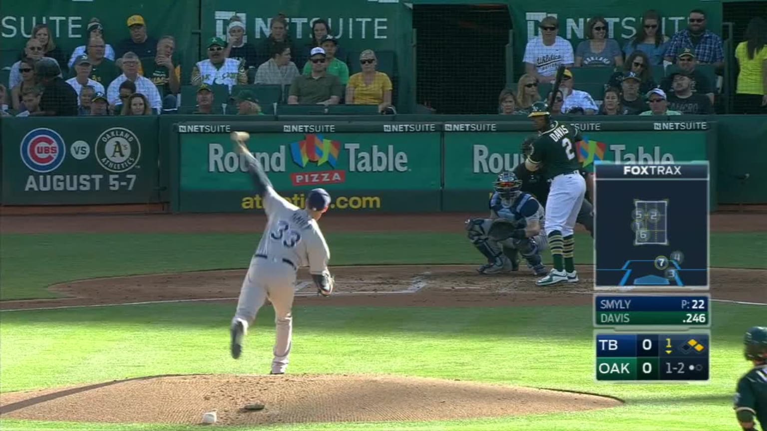 Khris Davis singles on a sharp ground ball to center fielder Kevin ...