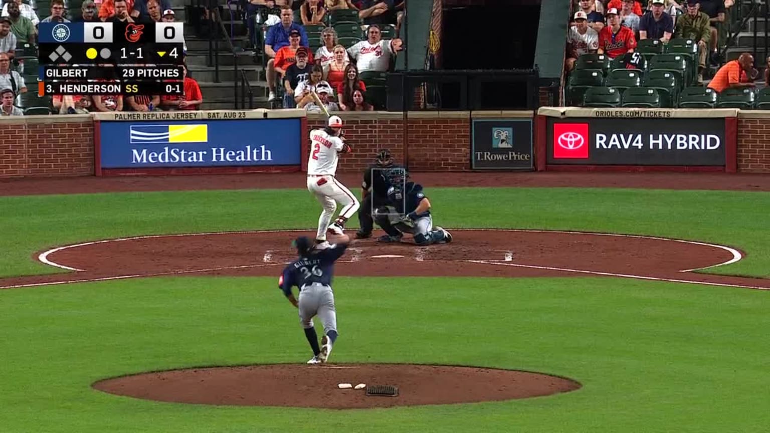 Gunnar Henderson doubles (28) on a line drive to right fielder Dylan Moore. | 08/13/2025 | MLB.com