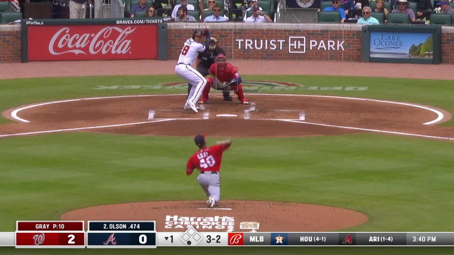 Josiah Gray Foul to Matt Olson | 04/13/2022 | Cleveland Guardians