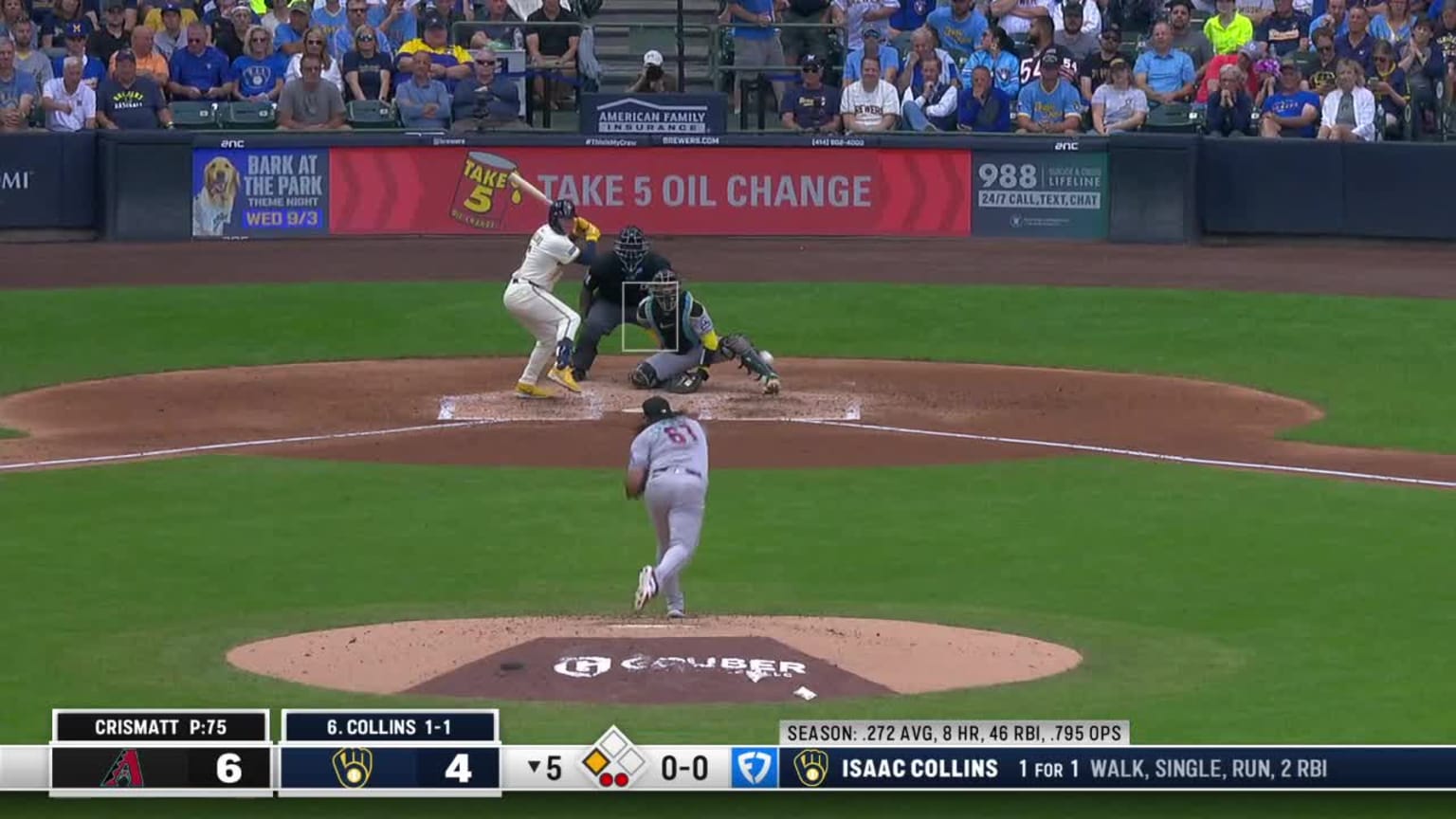 Isaac Collins lines out to center fielder Alek Thomas. | 08/28/2025 ...