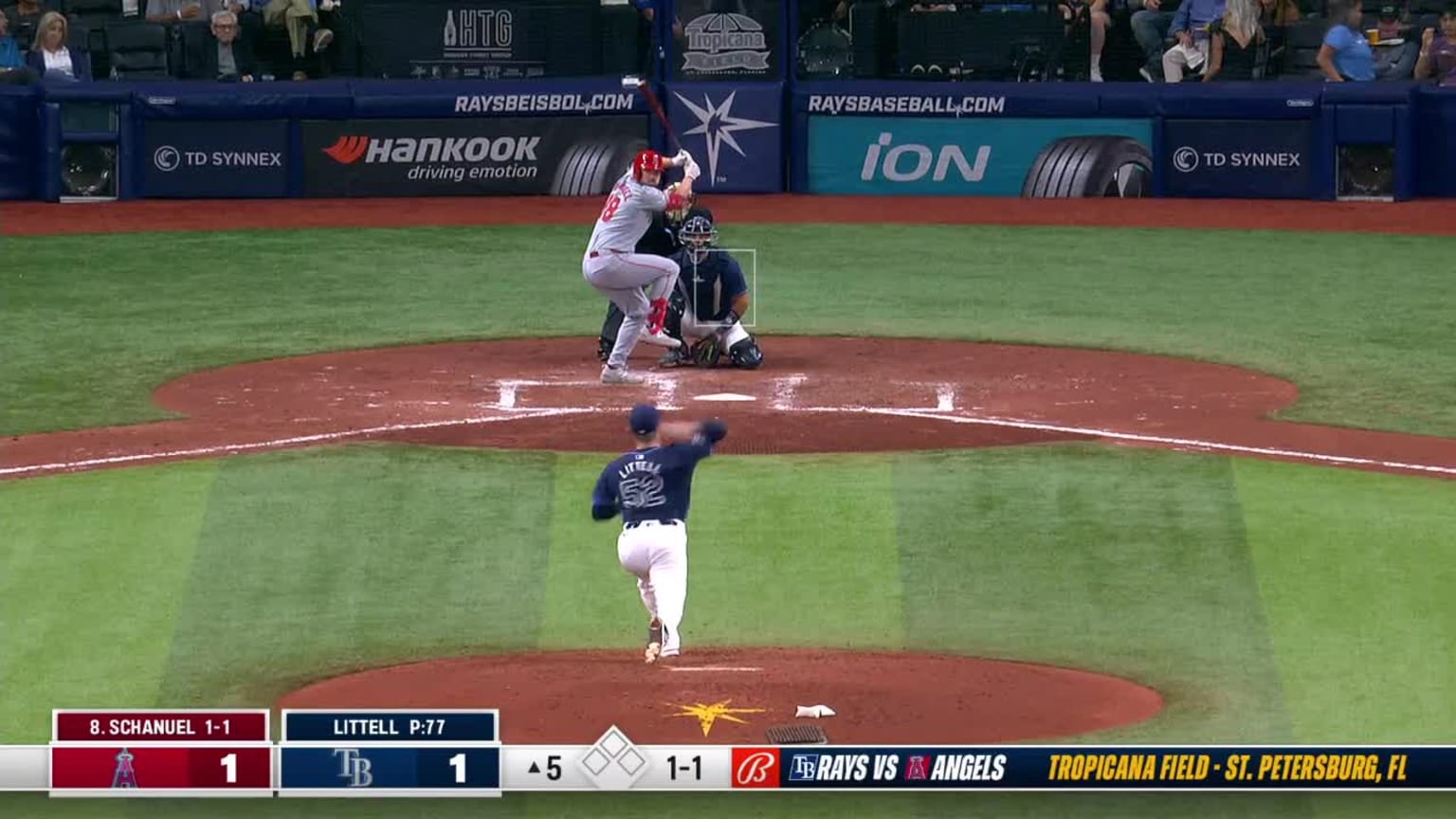 Nolan Schanuel singles on a line drive to left fielder Randy Arozarena. | 04/17/2024 | Tampa Bay ...