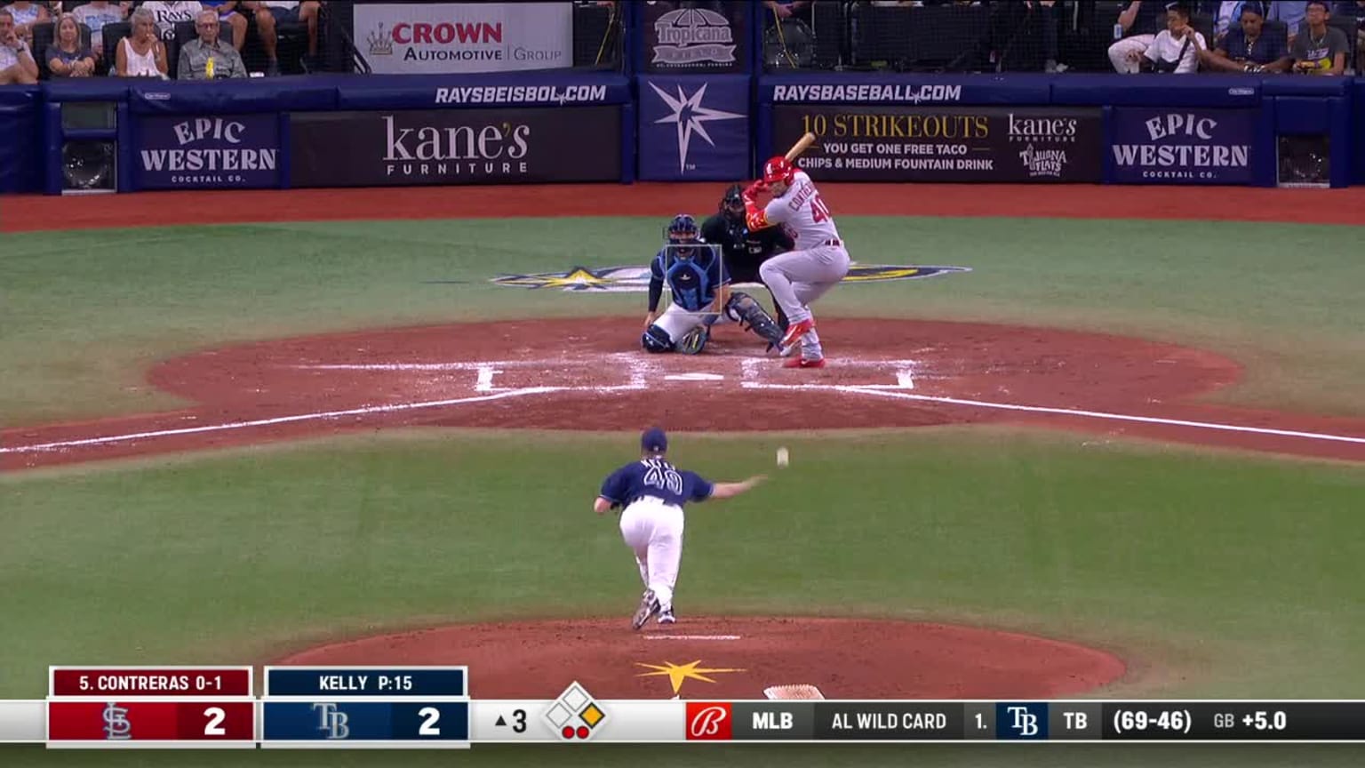 Willson Contreras singles on a sharp line drive to left fielder Randy Arozarena. Nolan Arenado ...