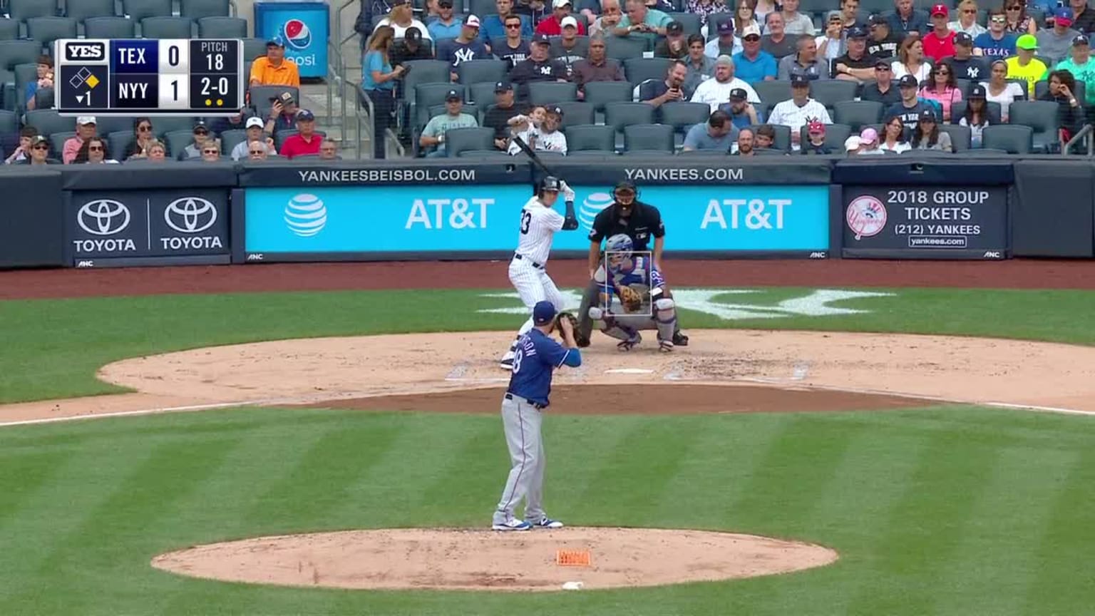 Greg Bird doubles (11) on a line drive to center fielder Carlos Tocci ...