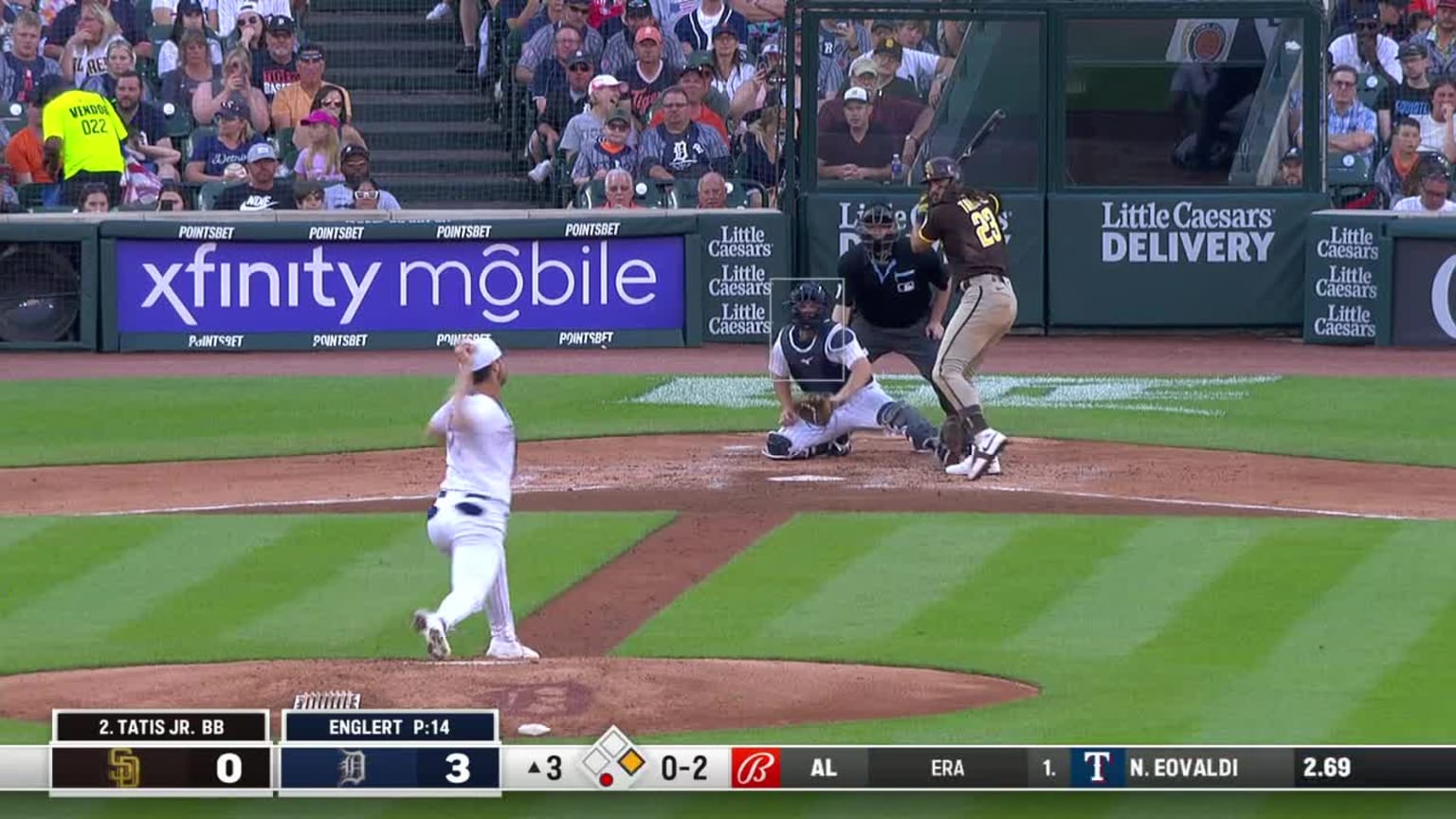 Fernando Tatis Jr. singles on a ground ball to center fielder Riley Greene. Trent Grisham to 2nd ...