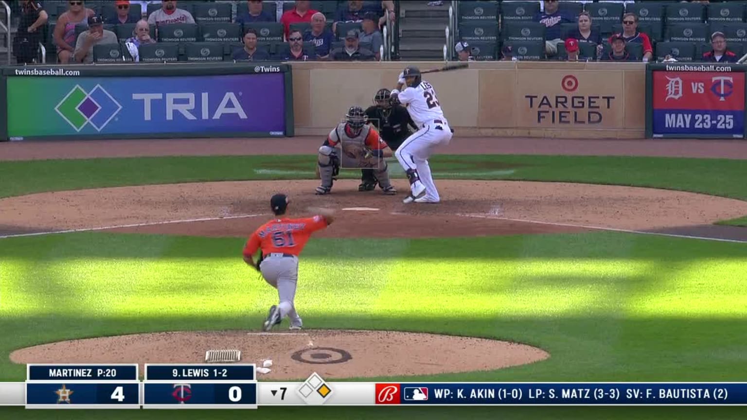 Royce Lewis pops out to first baseman Niko Goodrum in foul territory ...